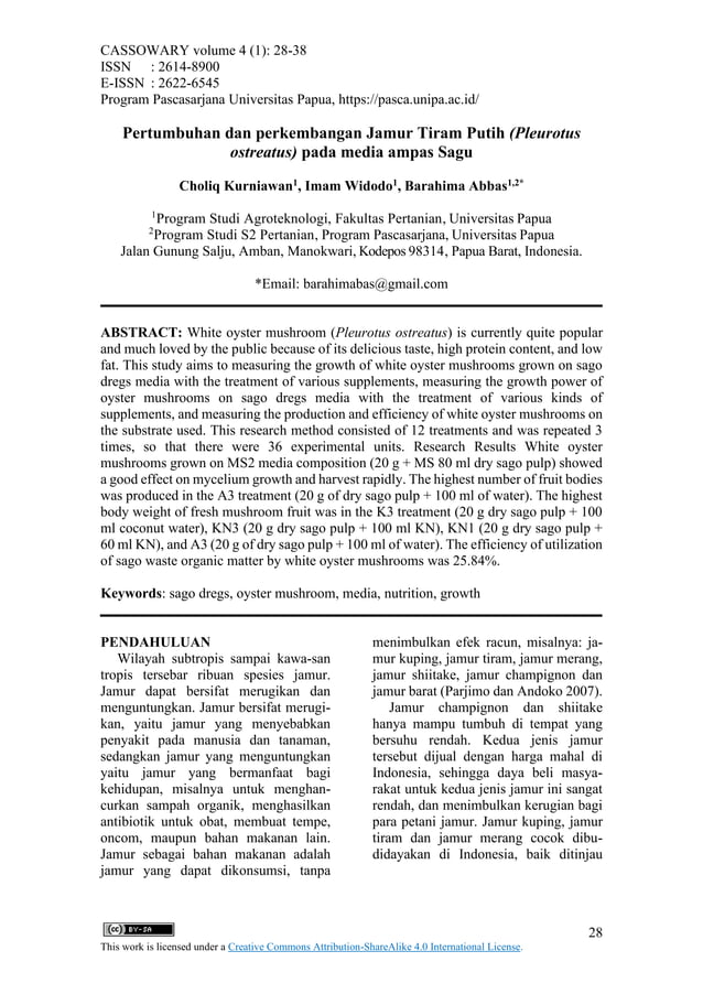 Pertumbuhan dan perkembangan Jamur Tiram Putih (Pleurotus ostreatus) pada media ampas sagu.pdf