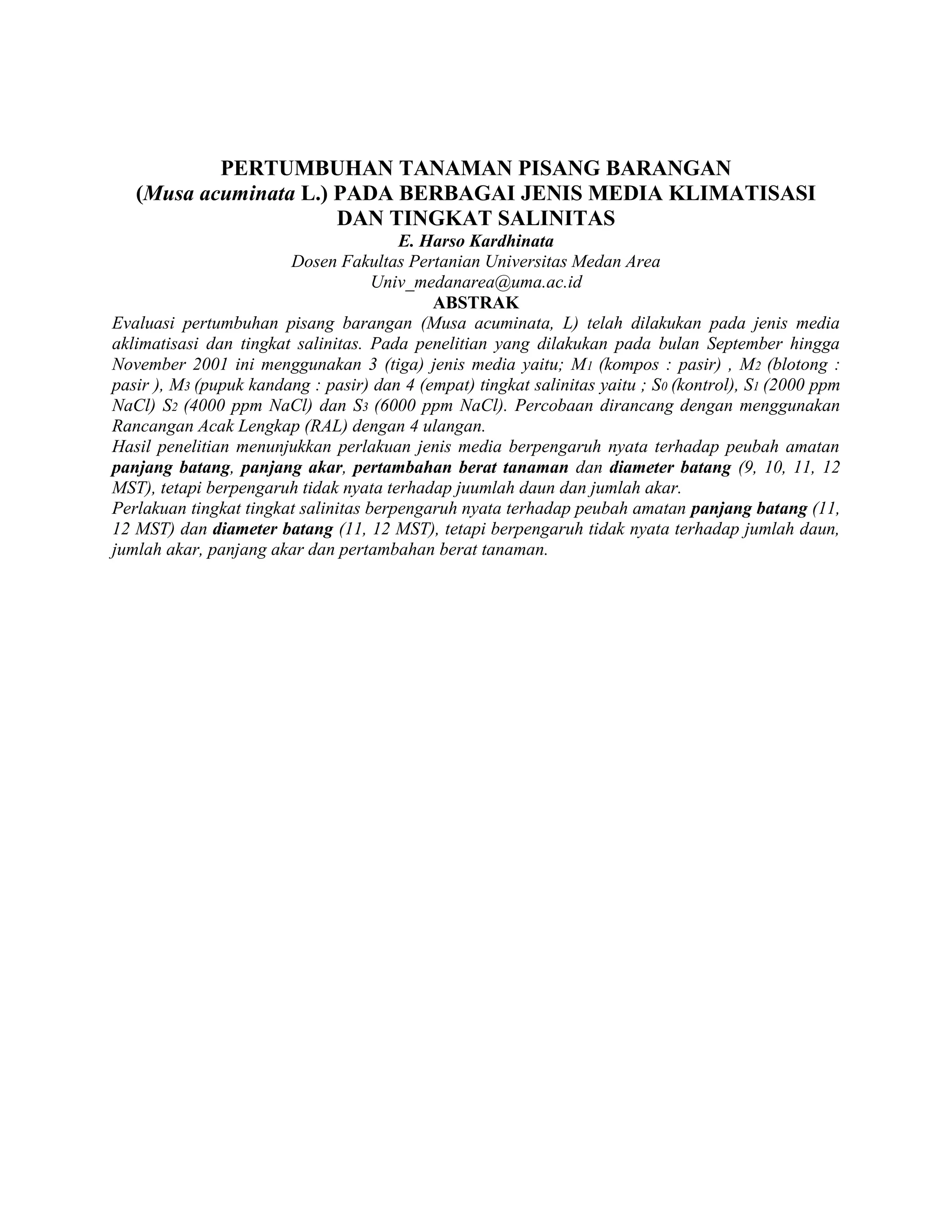 PERTUMBUHAN TANAMAN PISANG BARANGAN (Musa acuminata L.) PADA BERBAGAI ...