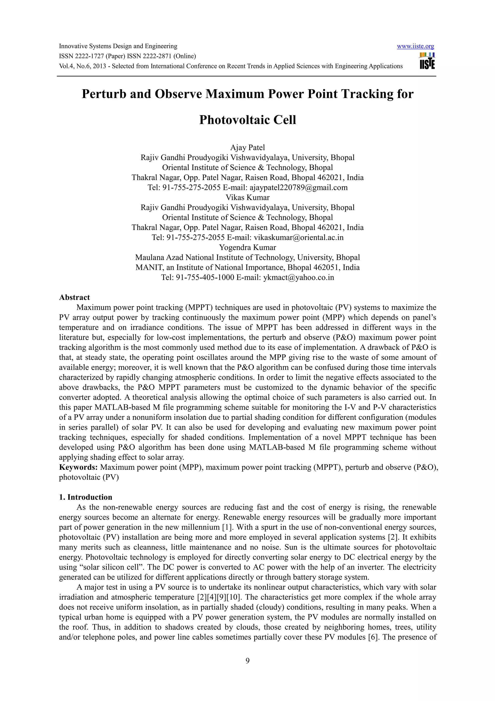 Perturb and observe maximum power point tracking for photovoltaic cell | PDF