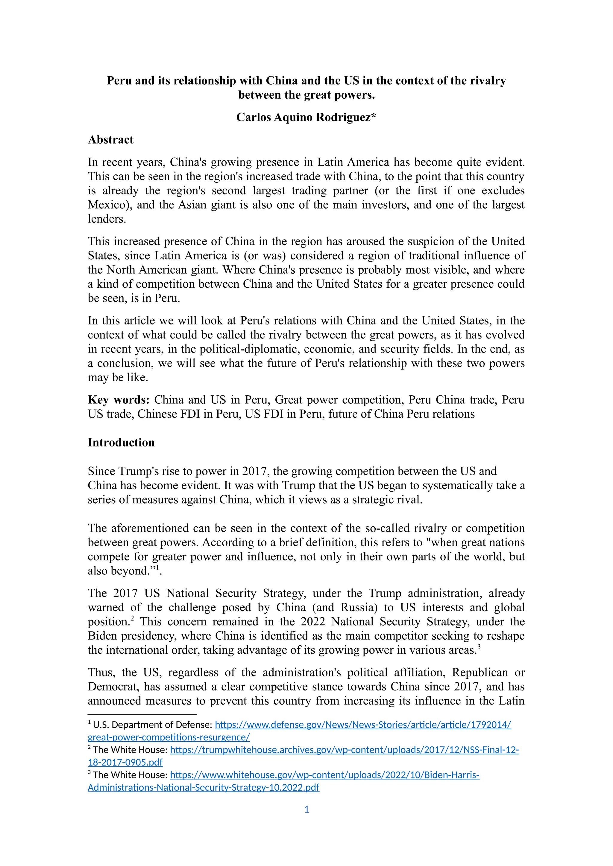 Peru and its relationship with China and the US in the context of the ...