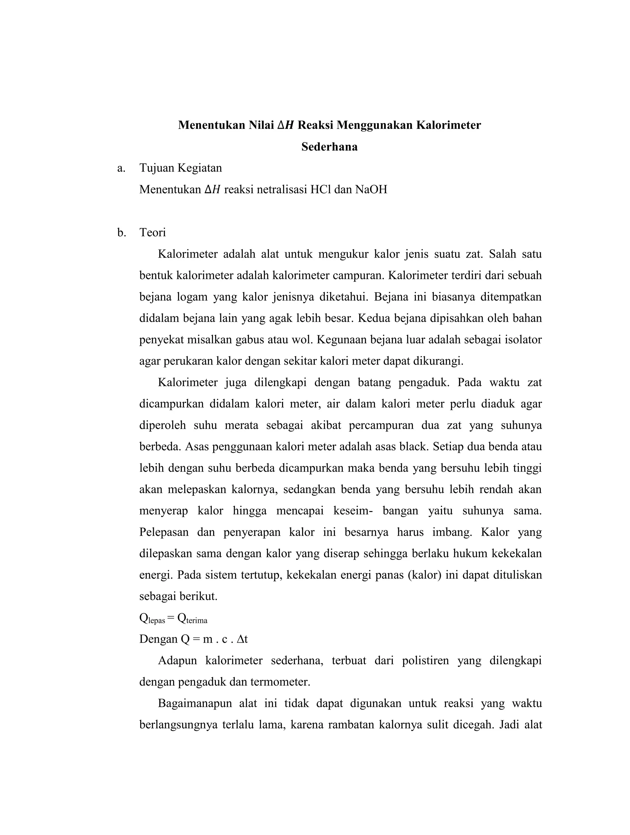 Perubahan entalpi reaksi menggunakan kalorimeter sederhana | DOCX