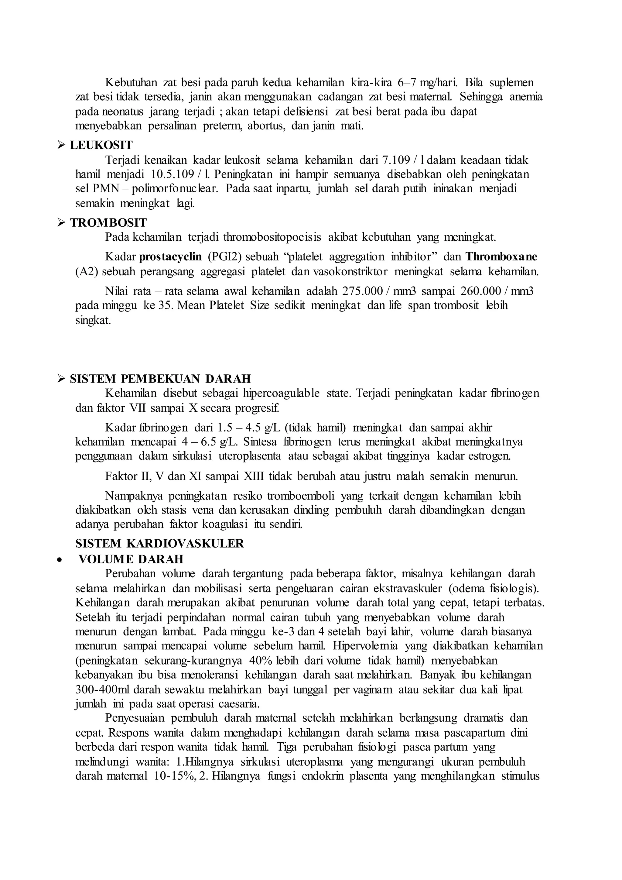 Perubahan fisiologis masa nifas pada sistem hematologi | DOCX