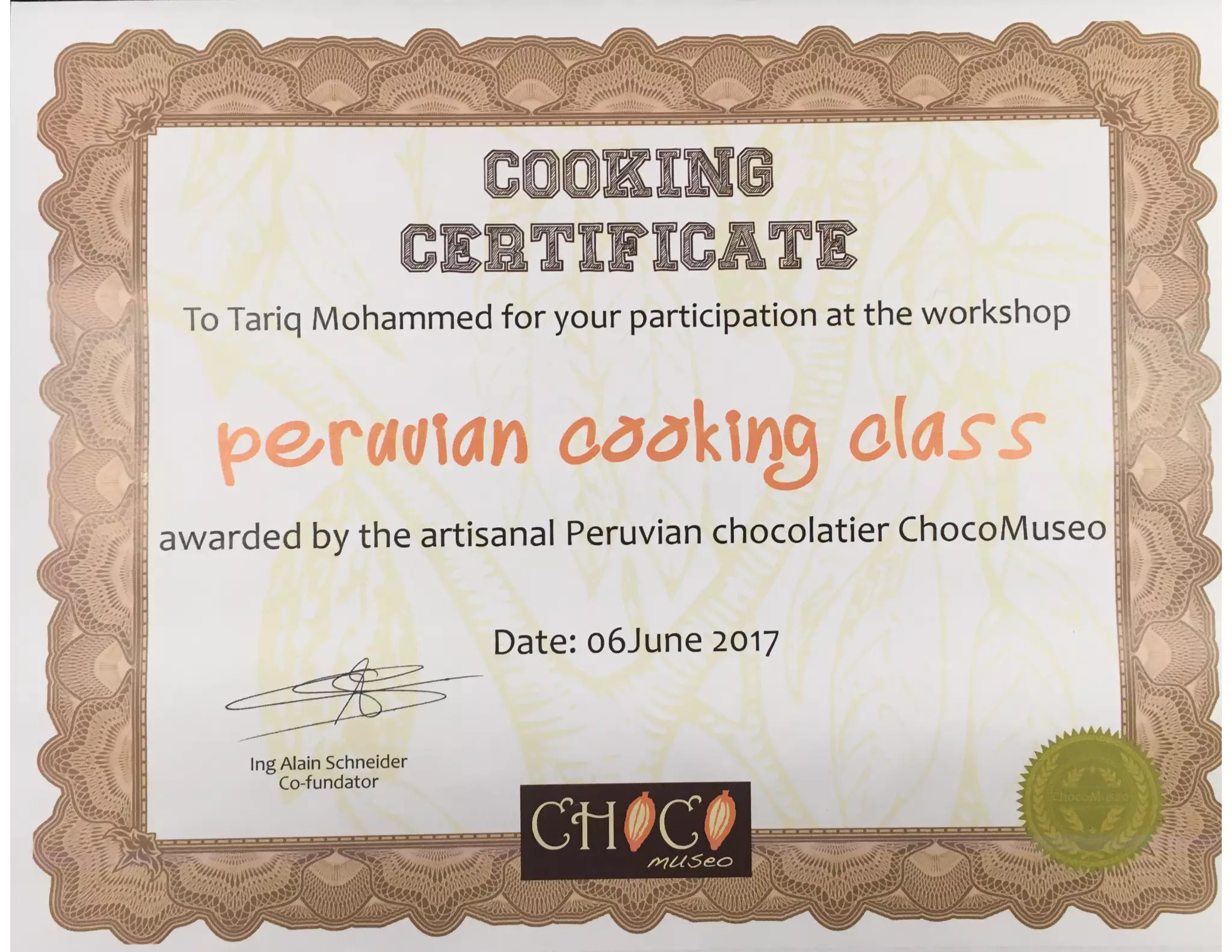 Choco Museum - Cooking Certificate | PDF