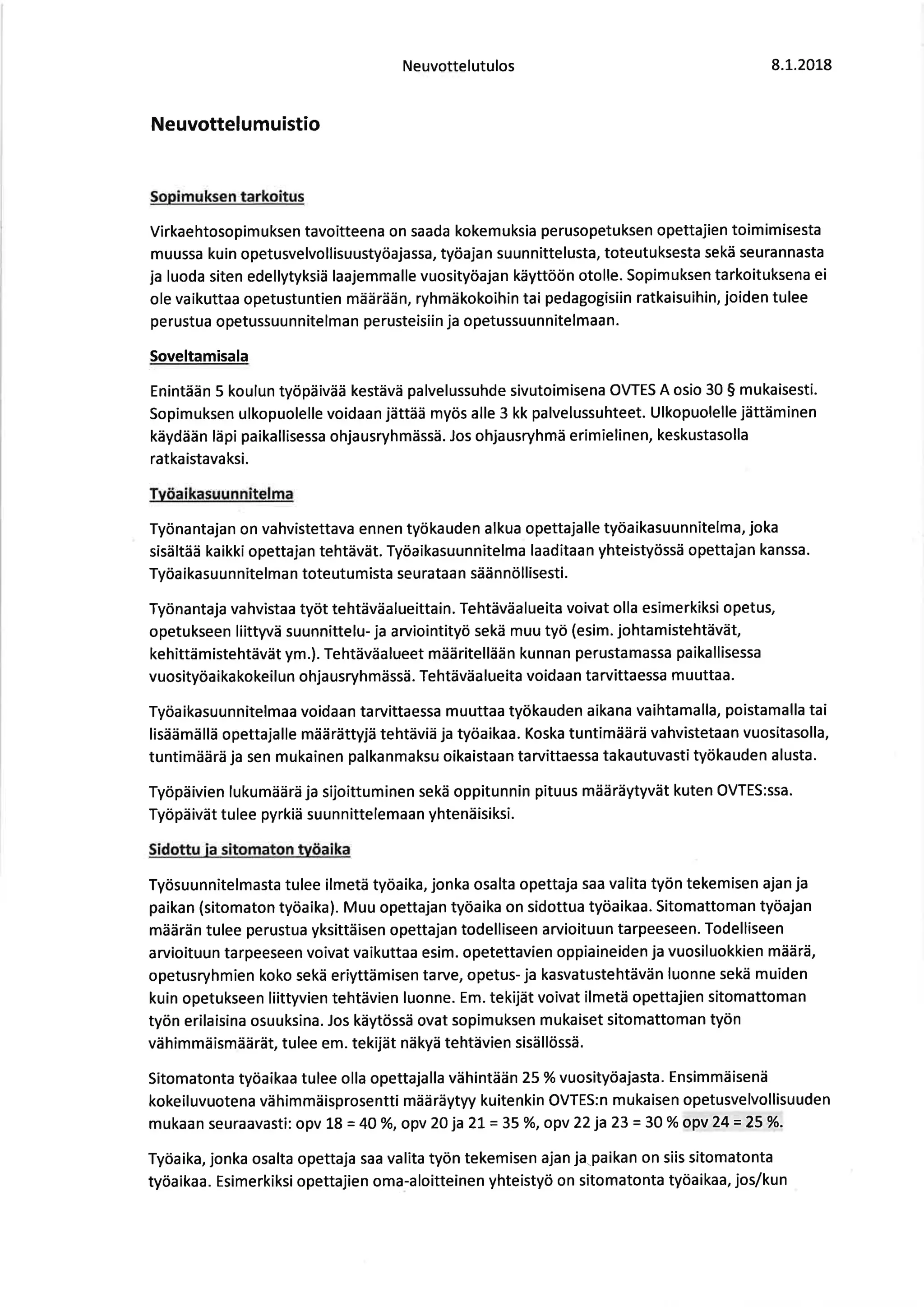 Perusopetuksen vuosityöaikakokeilun neuvottelutulos: muistio ja sopimus ...