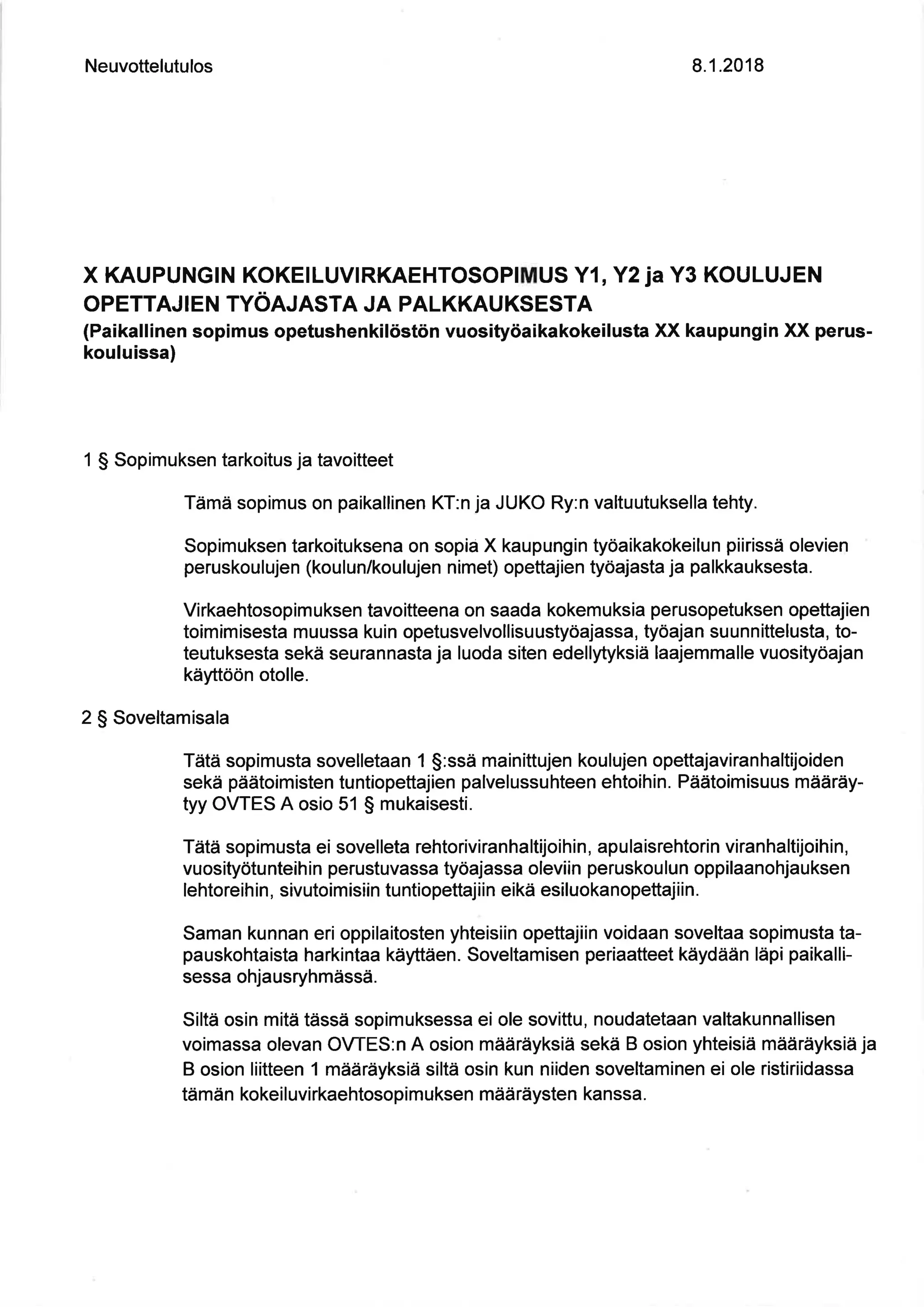 Perusopetuksen vuosityöaikakokeilun neuvottelutulos: muistio ja sopimus ...