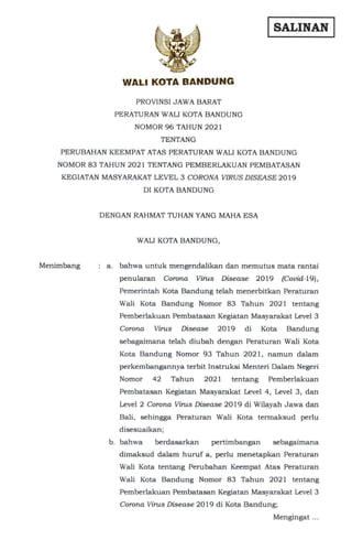 Perwal 96 2021 ttg perubahan ke 4 ppkm lvl 3 | PDF