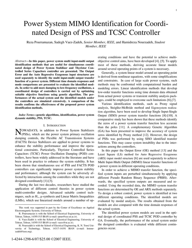 Power System Mimo Identification For Coordinated Design Of Pss And Tcsc Controller