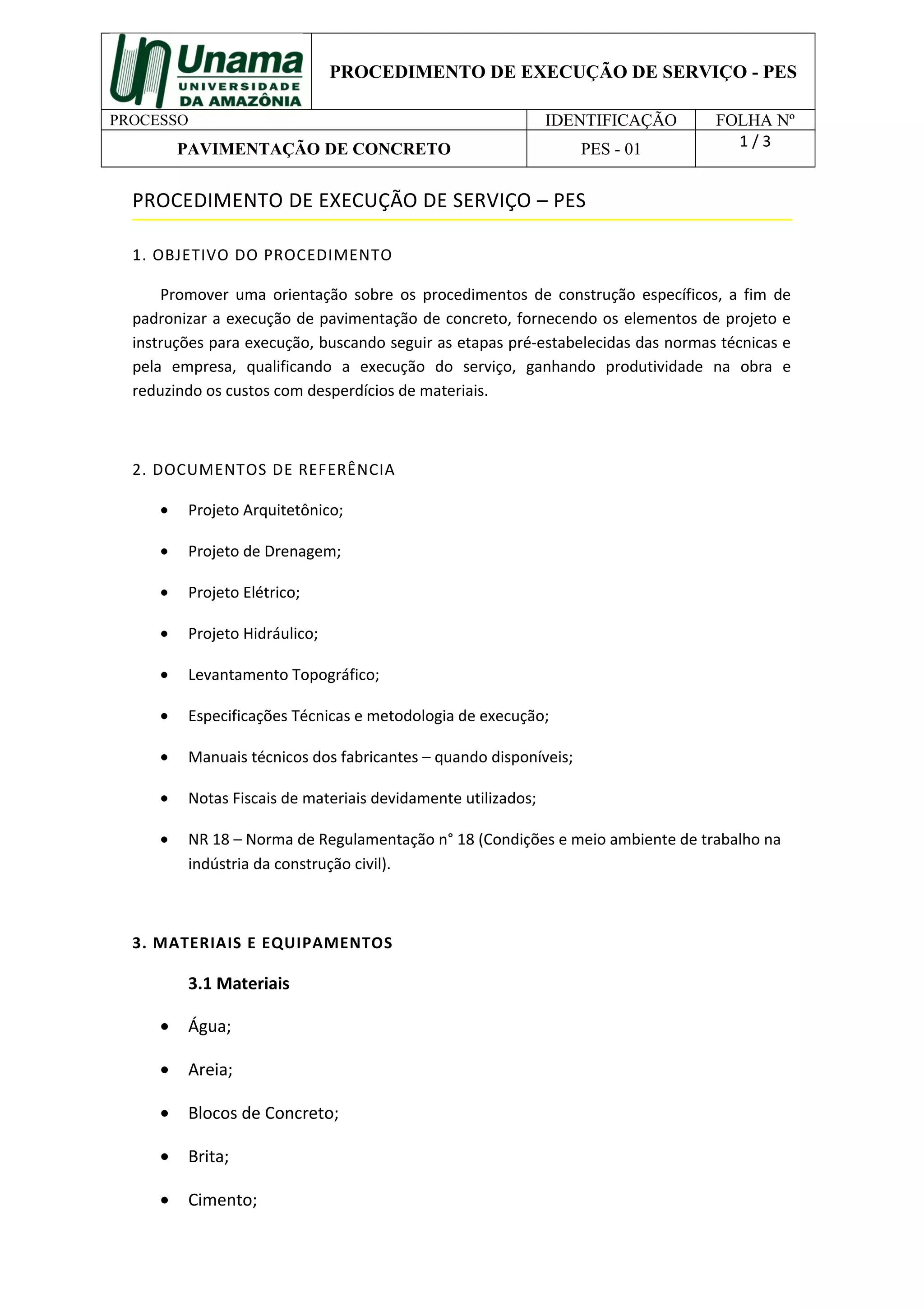 Procedimento de execução de serviço - Pavimentação de concreto | DOC