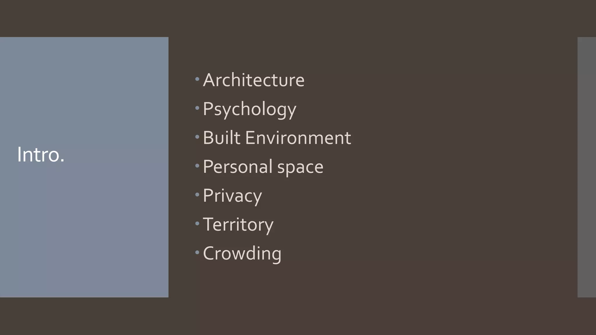 Pesonal space , territory ,crowding ,privacy and psychology of space ...