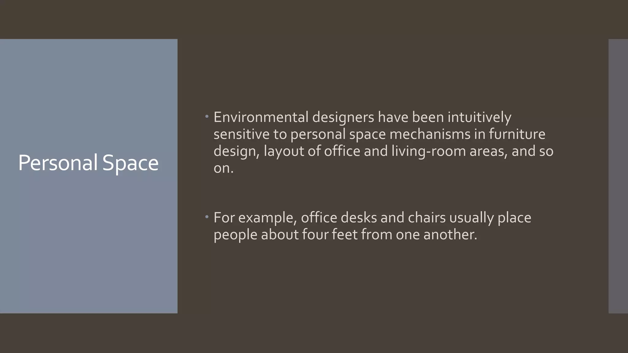 Pesonal space , territory ,crowding ,privacy and psychology of space ...