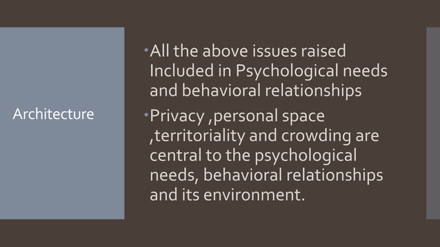 Pesonal space , territory ,crowding ,privacy and psychology of space ...