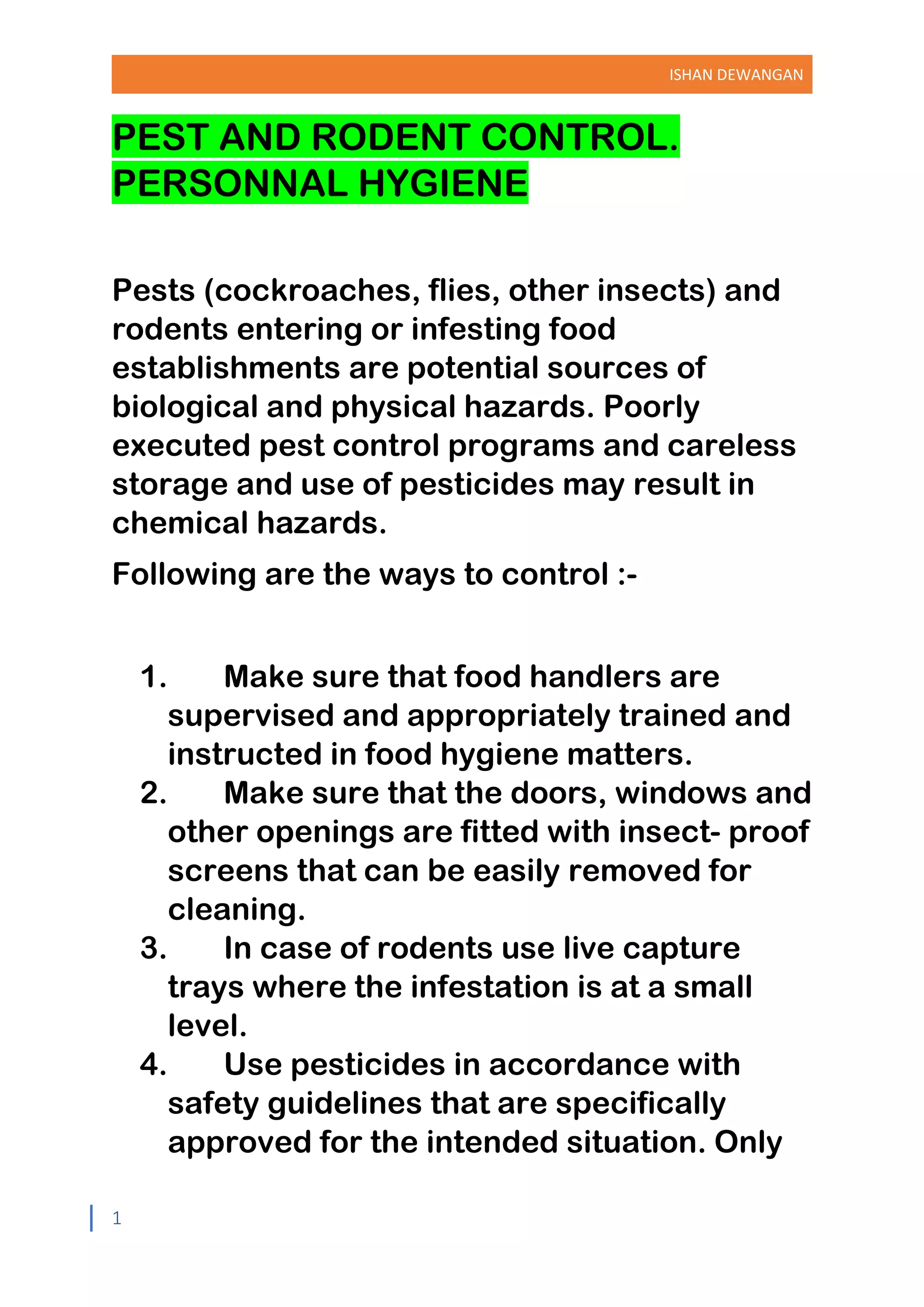 PEST AND RODENT CONTROL, PERSONNEL HYGIENE | PDF