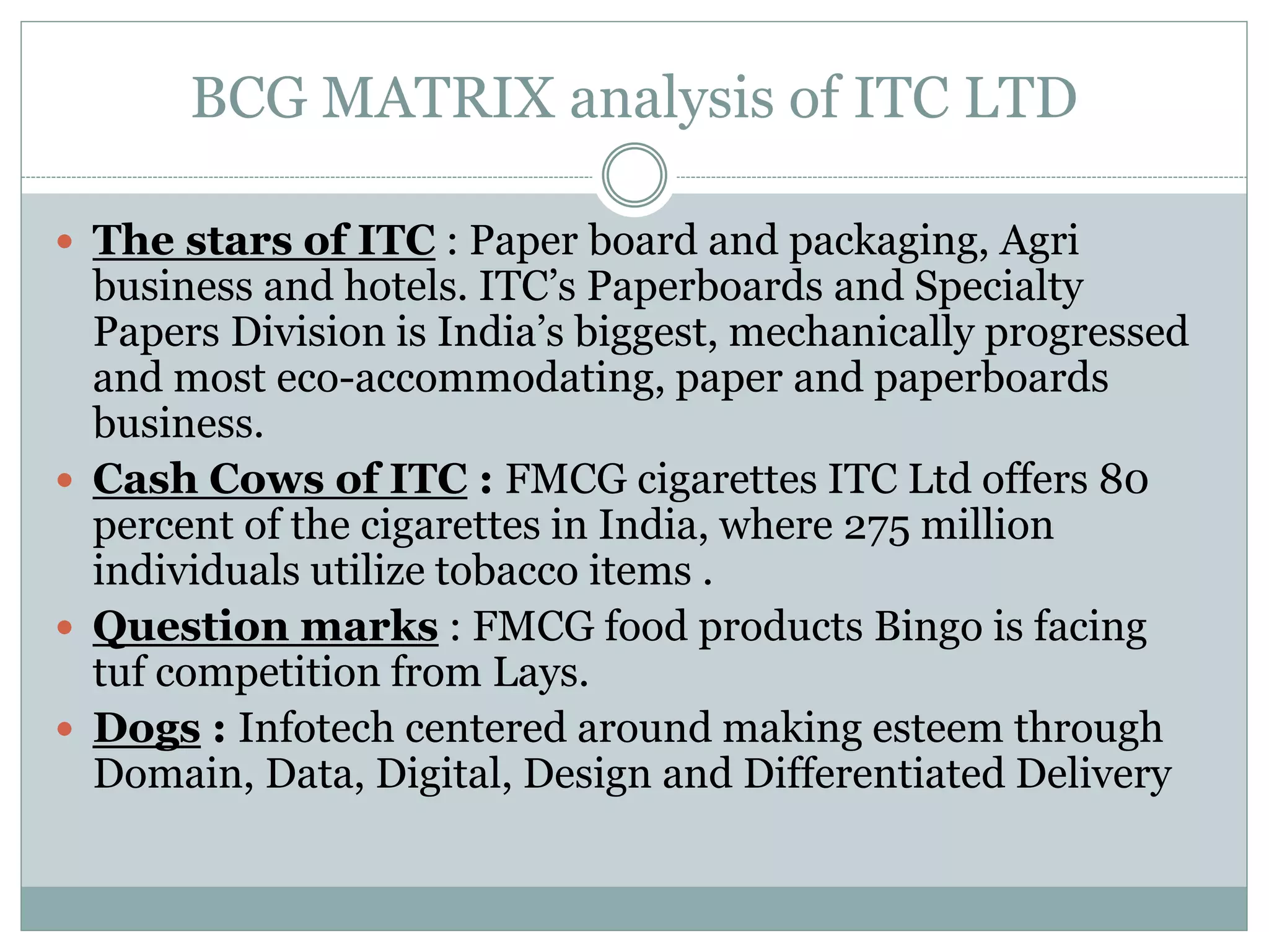 Pestle analysis, BCG matrix, And Porter's five forces analysis of ITD ...