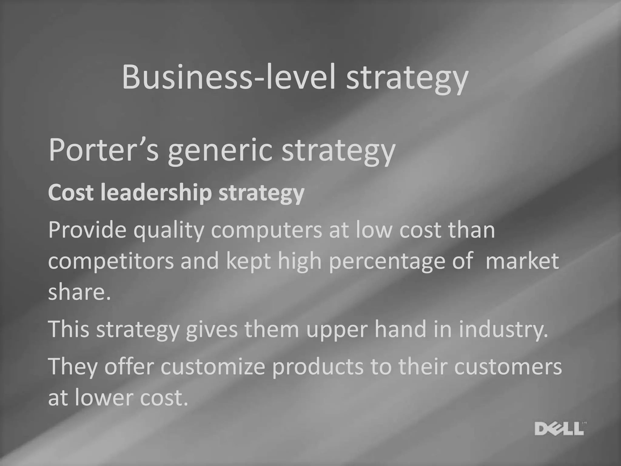 Pest & swot analysis ,buiness & corporate level strategy of dell | PPT