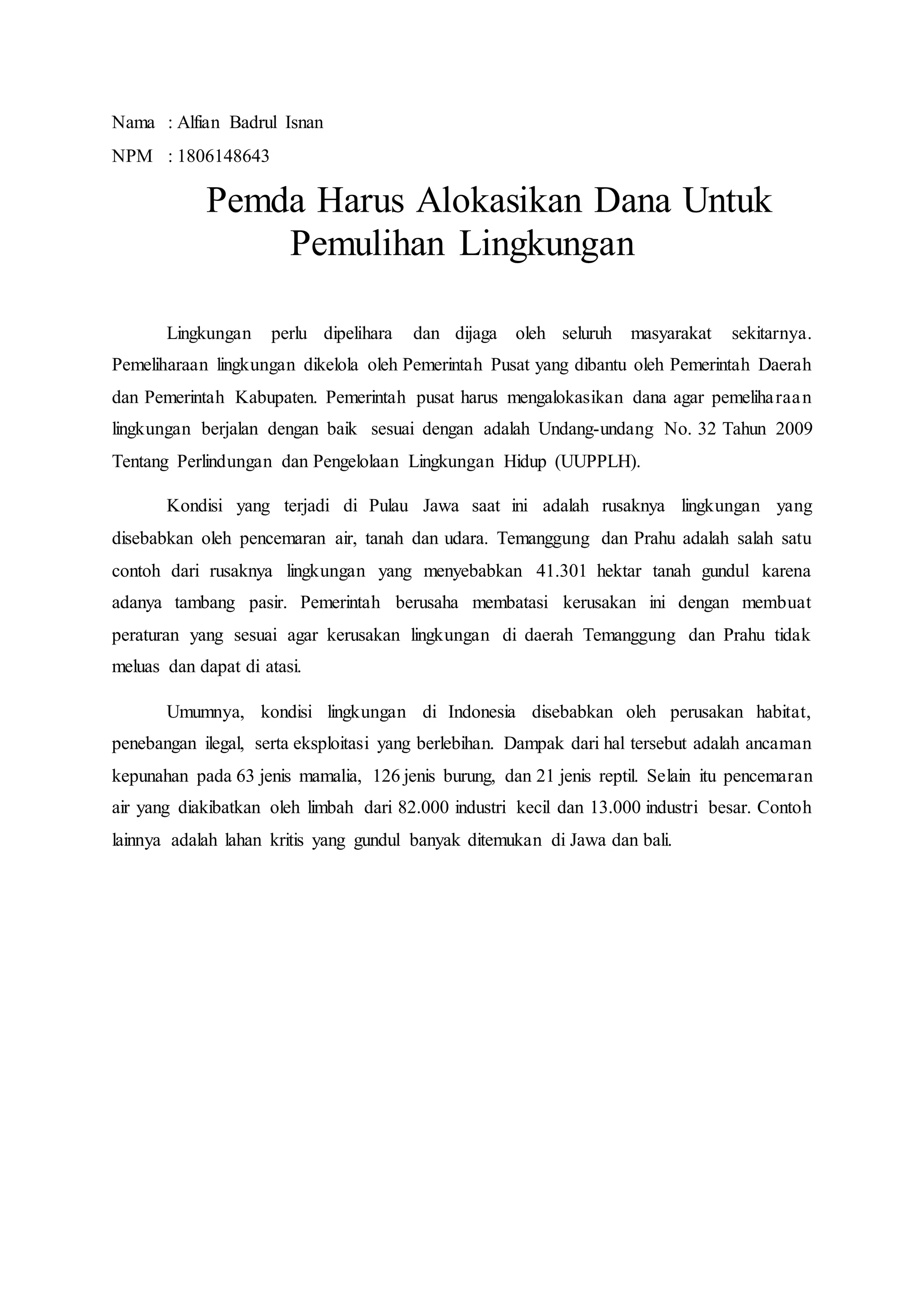 Peta Konsep MPKT B - Pemeliharaan Lingkungan - Universitas Indonesia | PPT