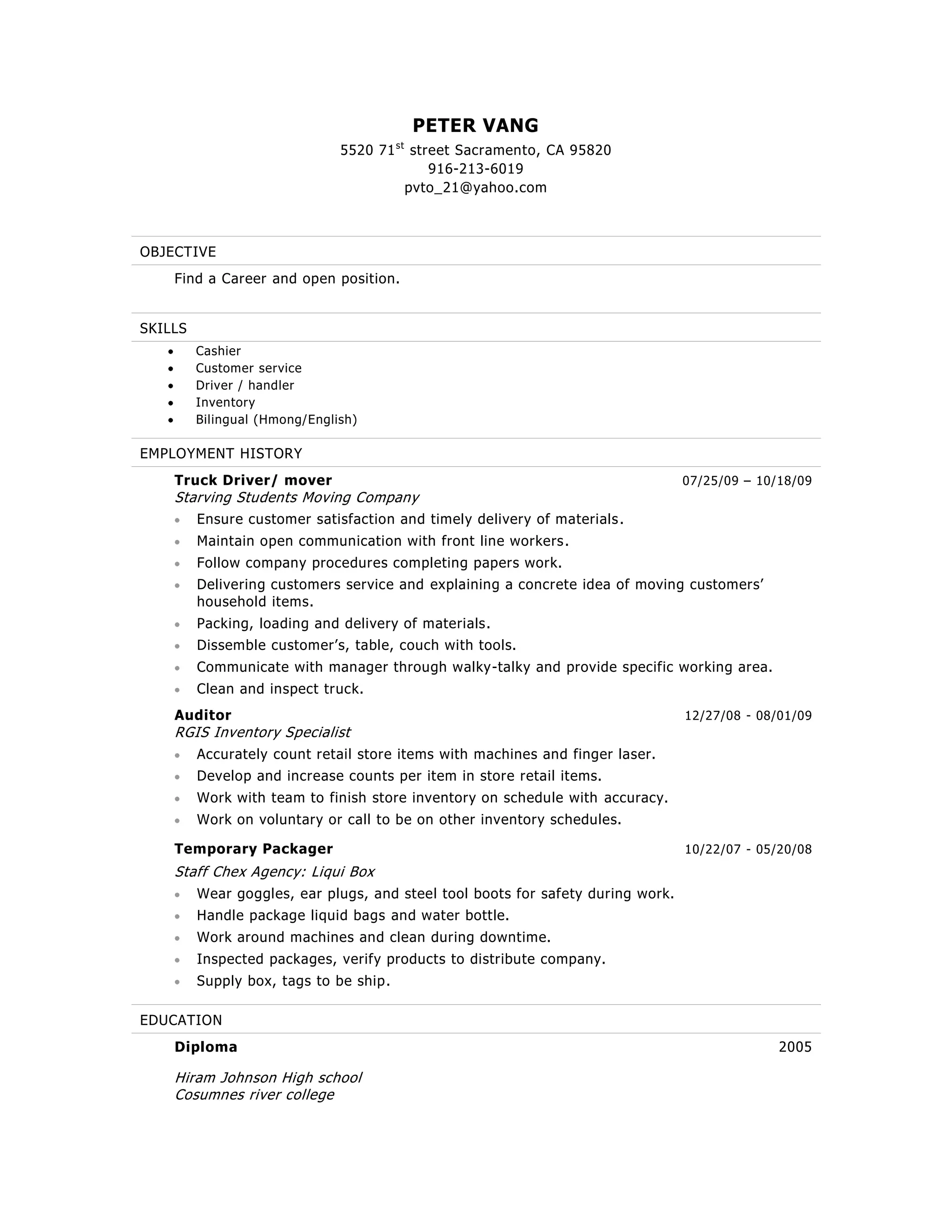 Peter Vang 2010 Resume | DOCX