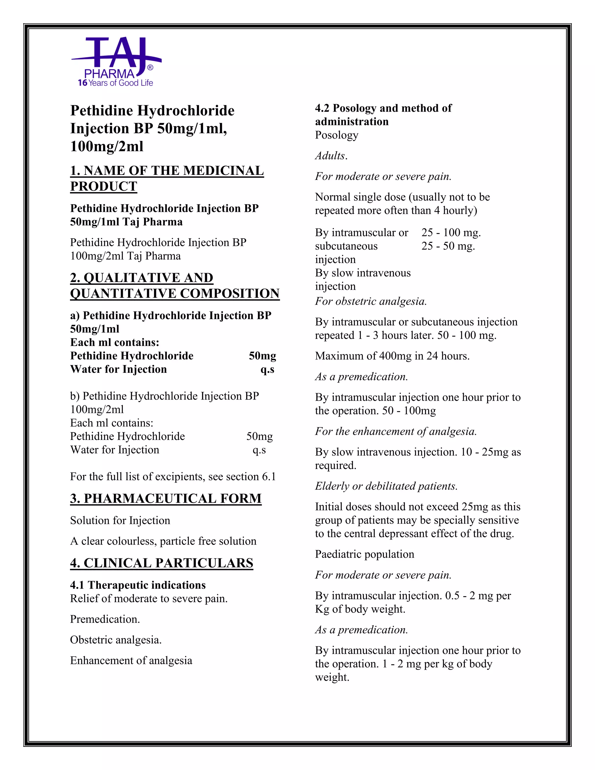 Pethidine HCl Injection Taj Pharma SmPC | PDF
