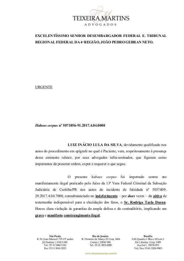 Petição de habeas corpus para TRF 4 ouvir Tacla Durán Petição de habeas corpus para TRF 4 ouvir Tacla Durán