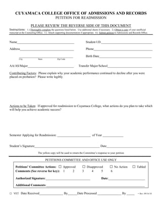 Cuyamaca Petition for Readmission | PDF | College Education | Education