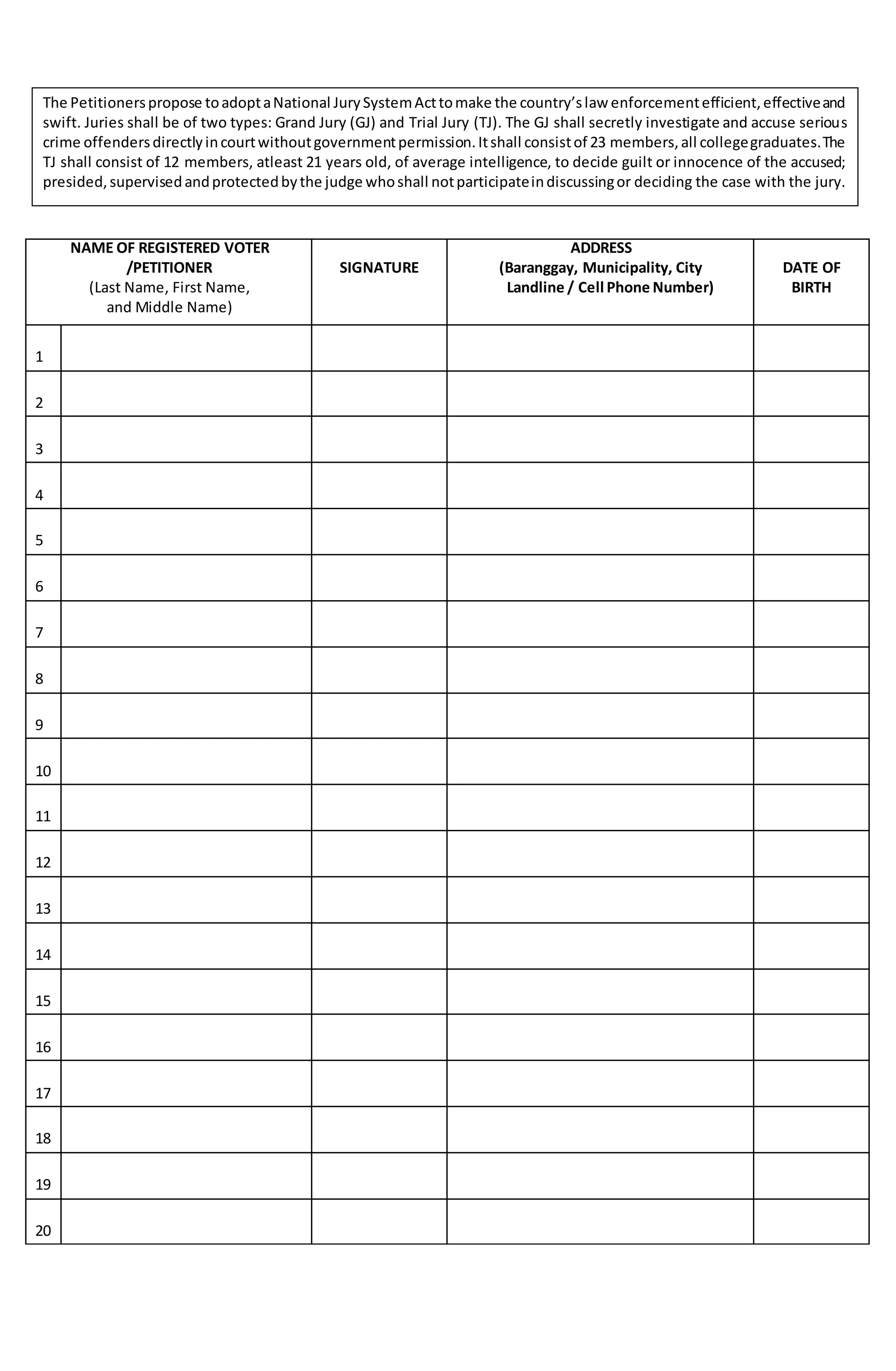 Petition Signature Sheet for National Jury Law | PDF
