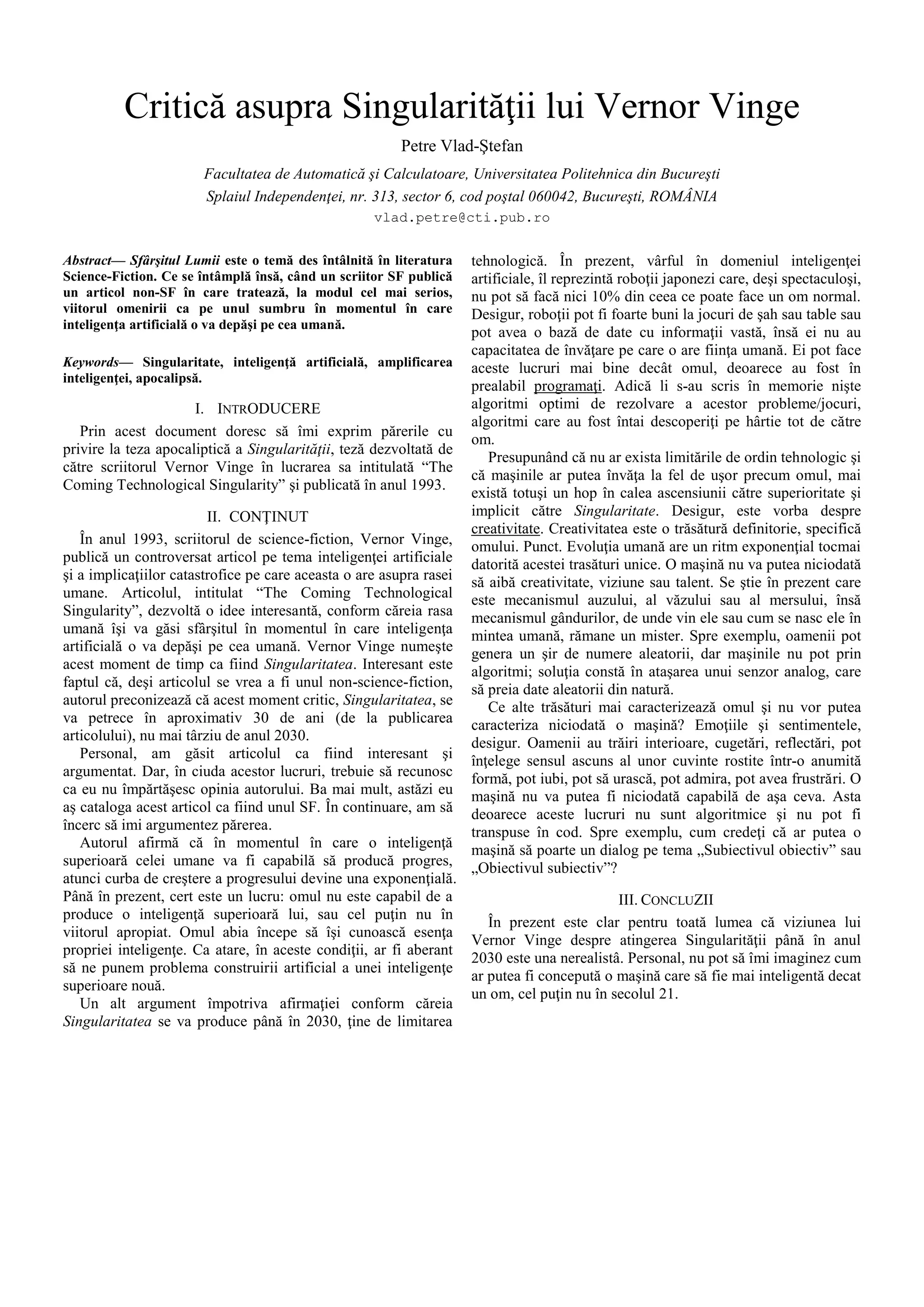 Critica asupra Singularitatii lui Vernor Vinge | PDF