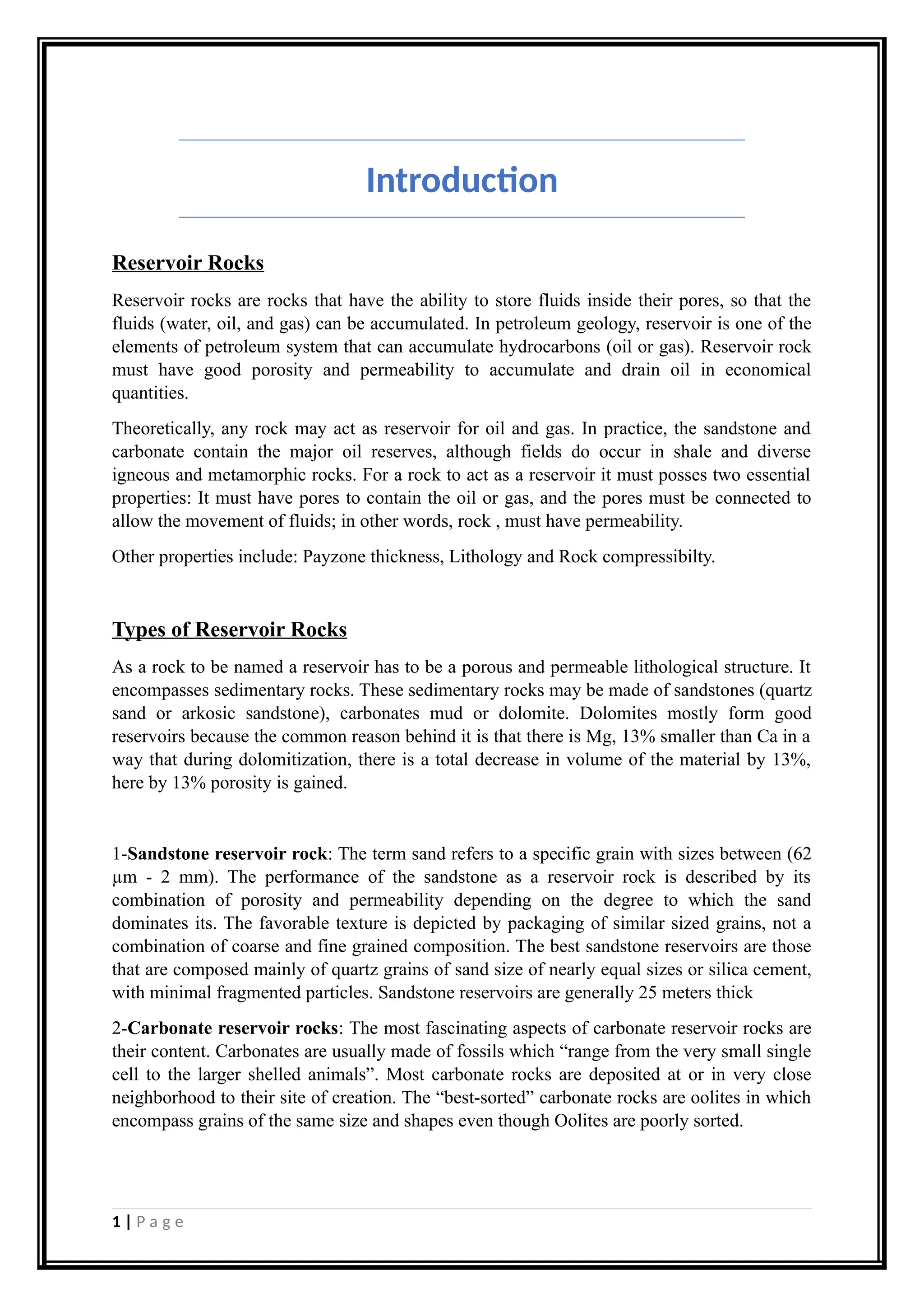 Reservoir Rocks || Petroleum geology Assignment | DOCX