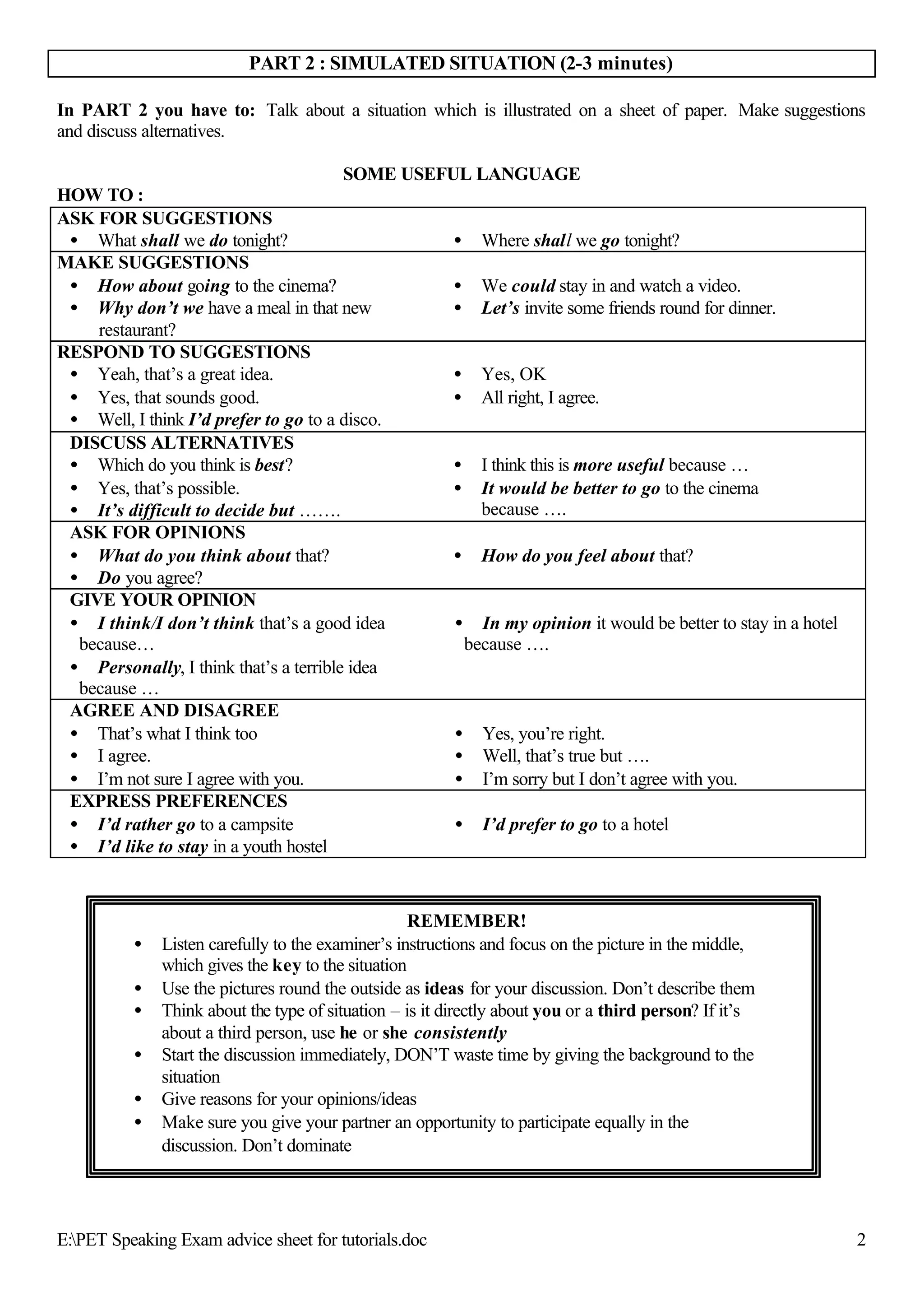 Pet speaking exam_advice_sheet_for_tutorials | PDF