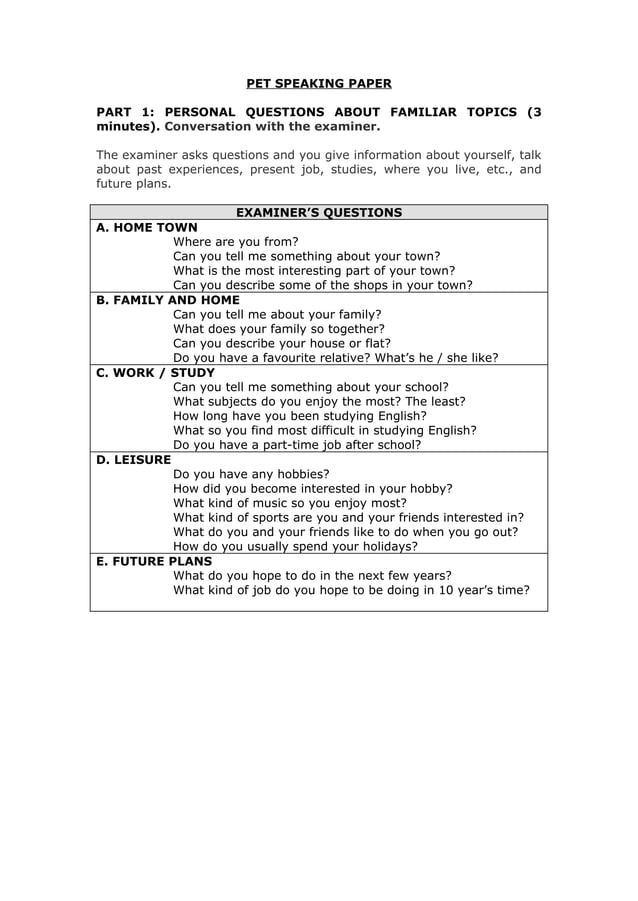 Pet speaking paper | DOC | Education