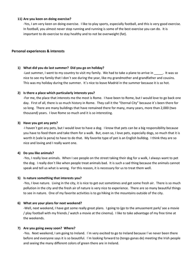 Pet speaking questions with answers | DOCX | Dating | Family and ...