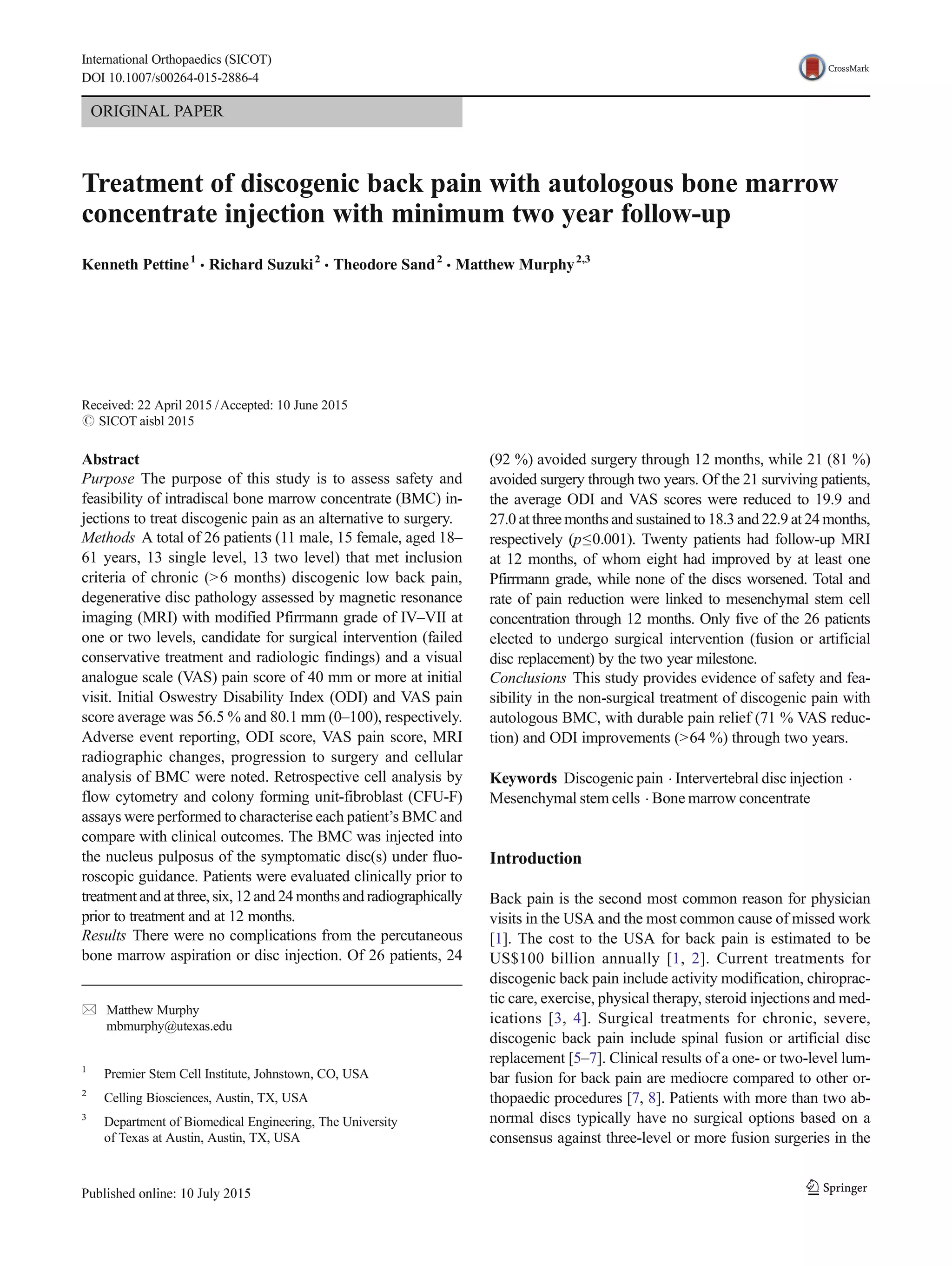 Pettine et al treatment of discogenic back pain with autologous bmc ...