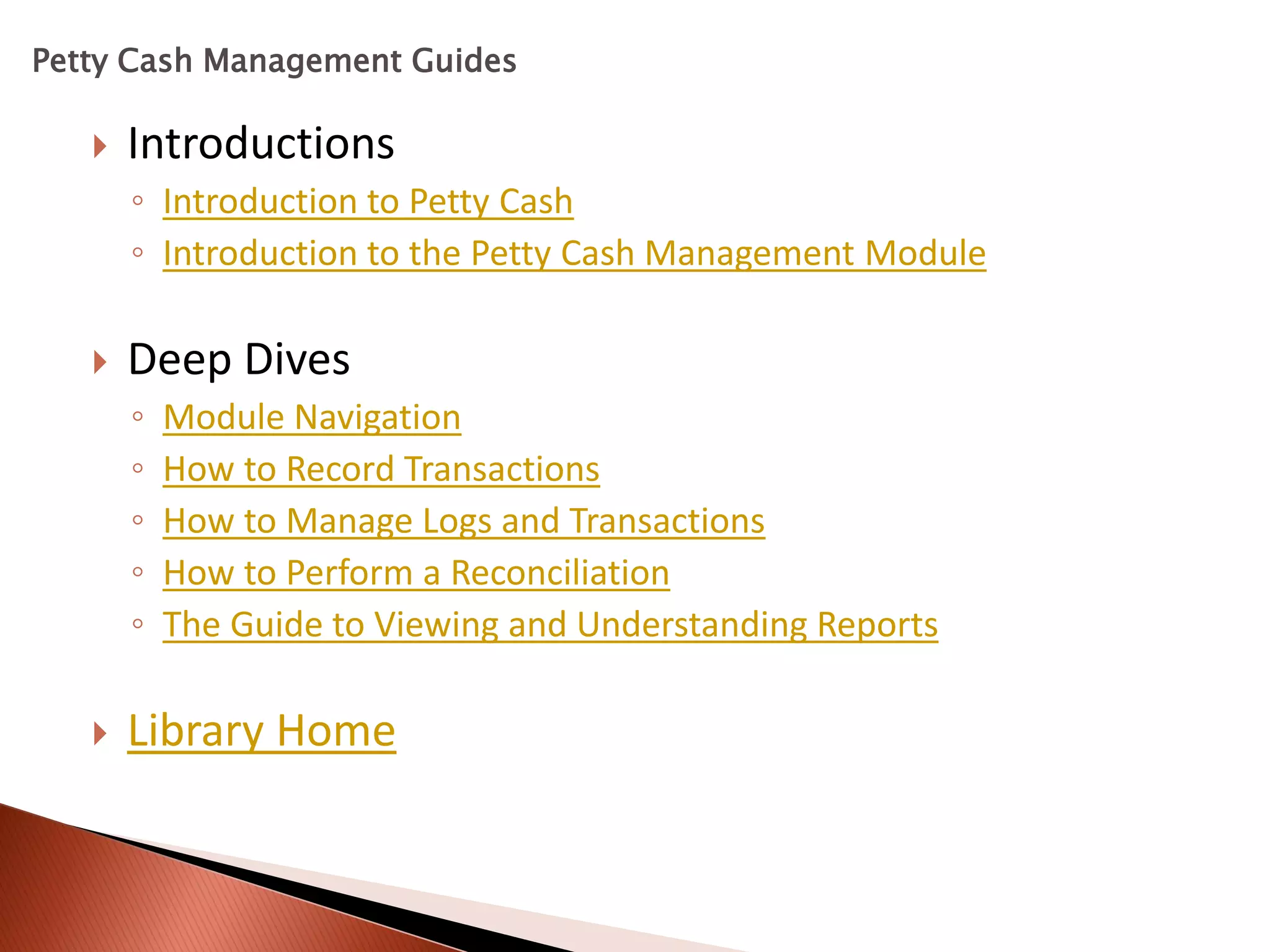 Petty Cash Management - Module Navigation | PPT