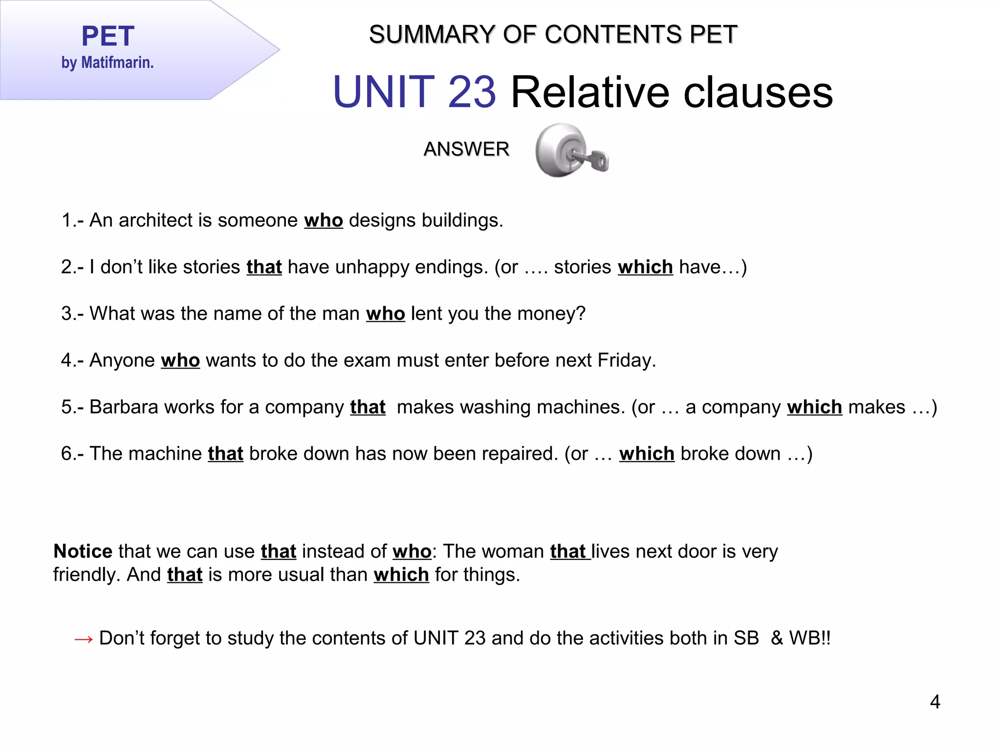 PET Unit 23 Relative Sentences and Adjs and Prep | PPT
