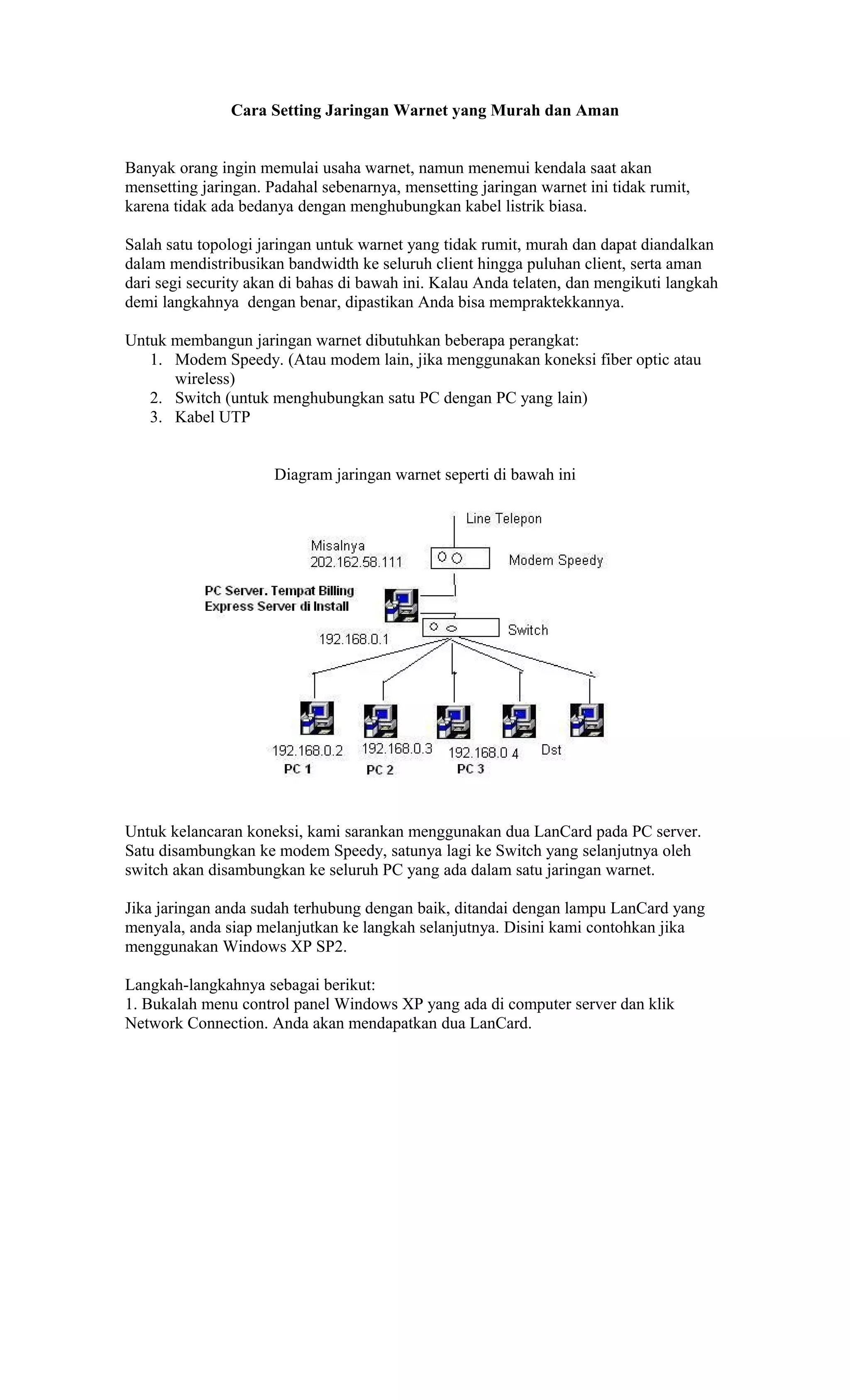 Petunjuk cara setting jaringan warnet bagi pemula | DOC