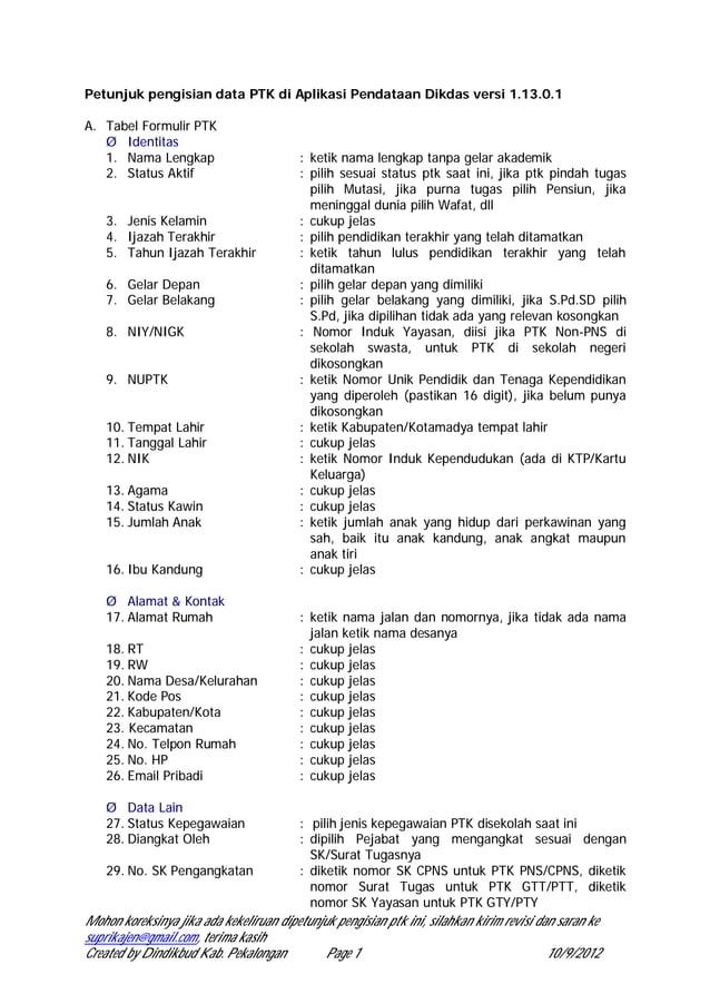 Petunjuk pengisian data ptk (DAPODIK) | PDF
