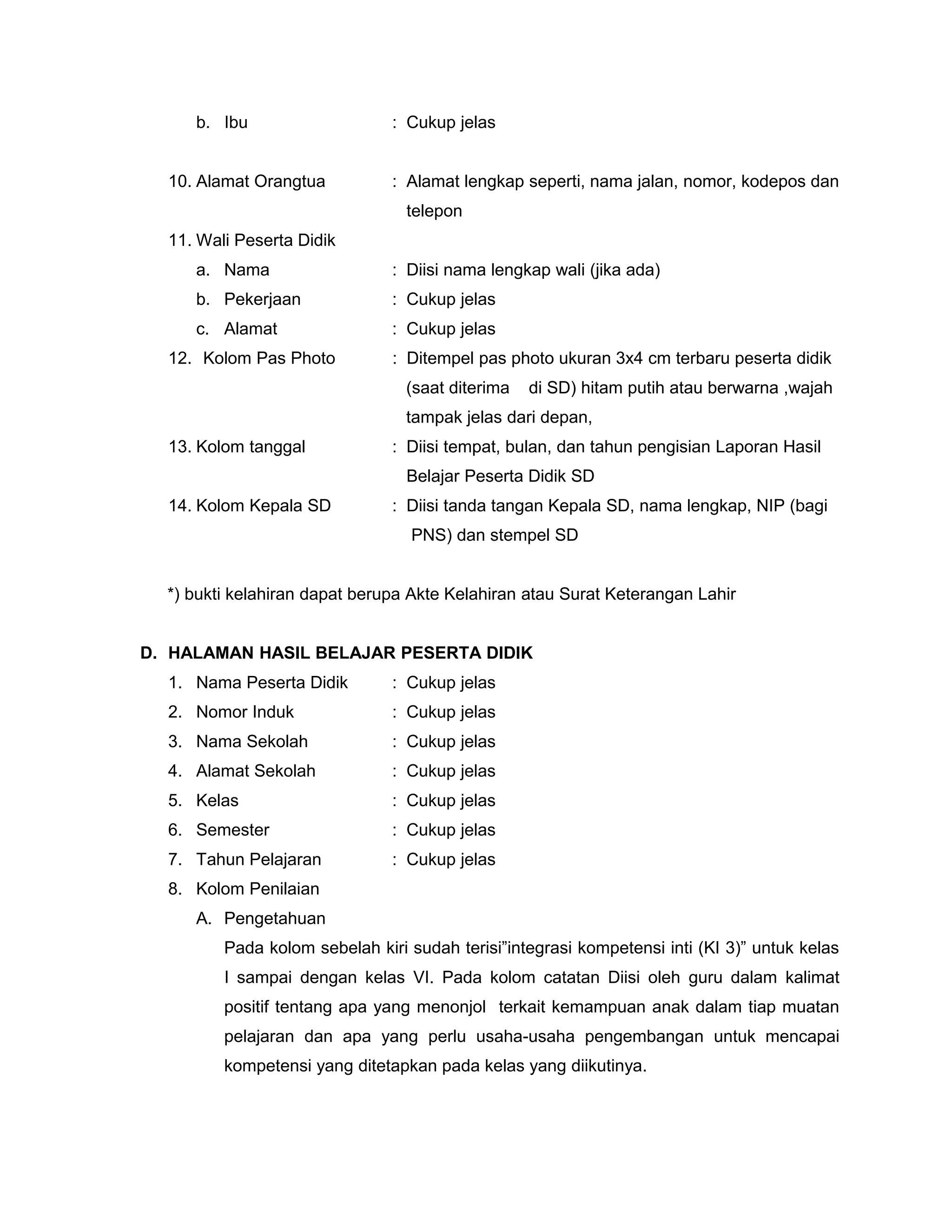 Petunjuk Pengisian Rapor SD Kurikulum 2013 | DOC