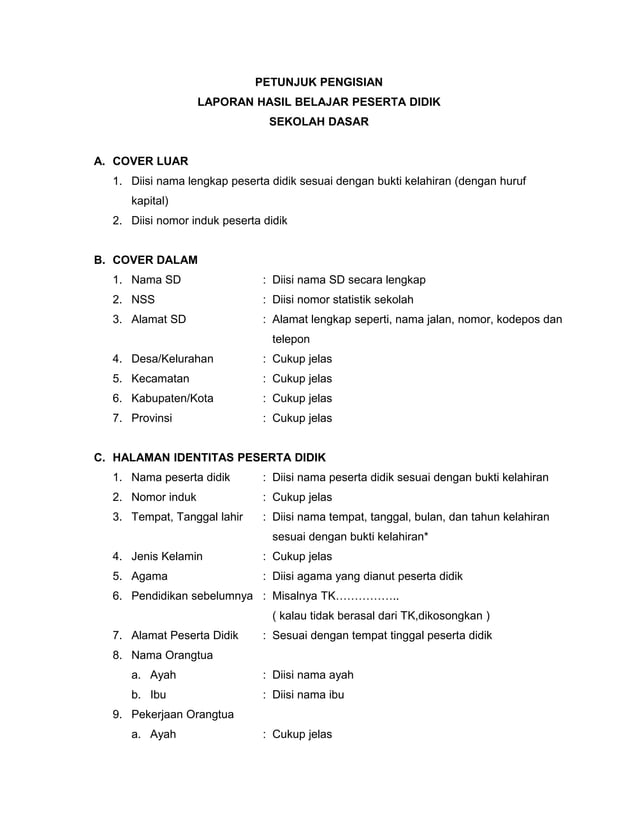 Petunjuk Pengisian Rapor SD Kurikulum 2013 | DOC