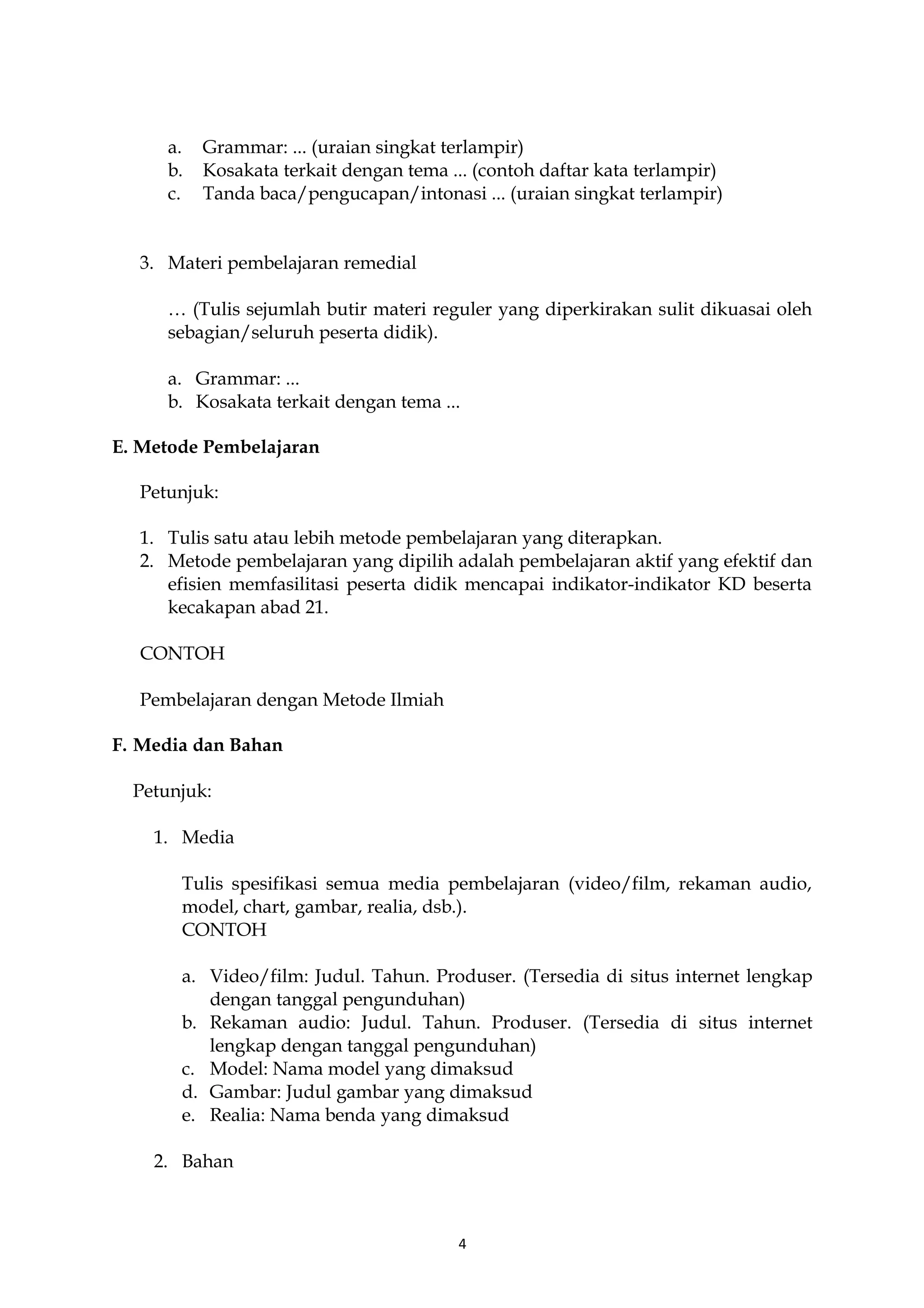 Petunjuk penyusunan komponen2 rpp | PDF