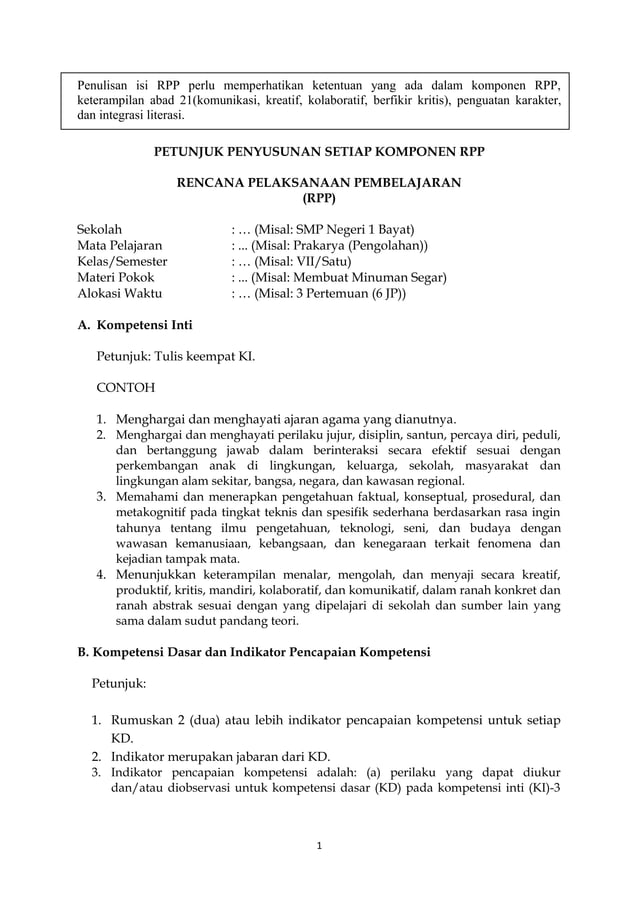 Petunjuk penyusunan komponen2 rpp | PDF