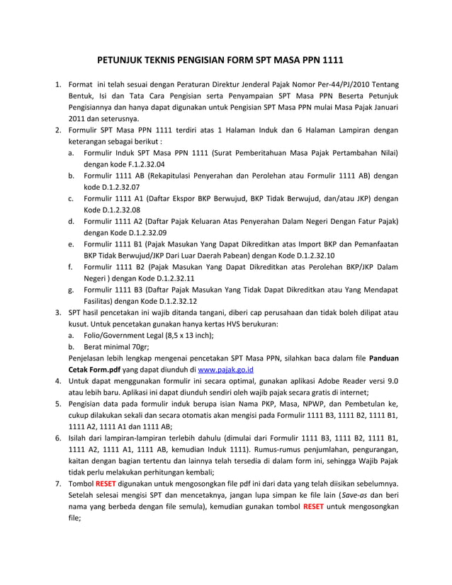 Petunjuk teknis pengisian form spt ppn 1111 | DOC