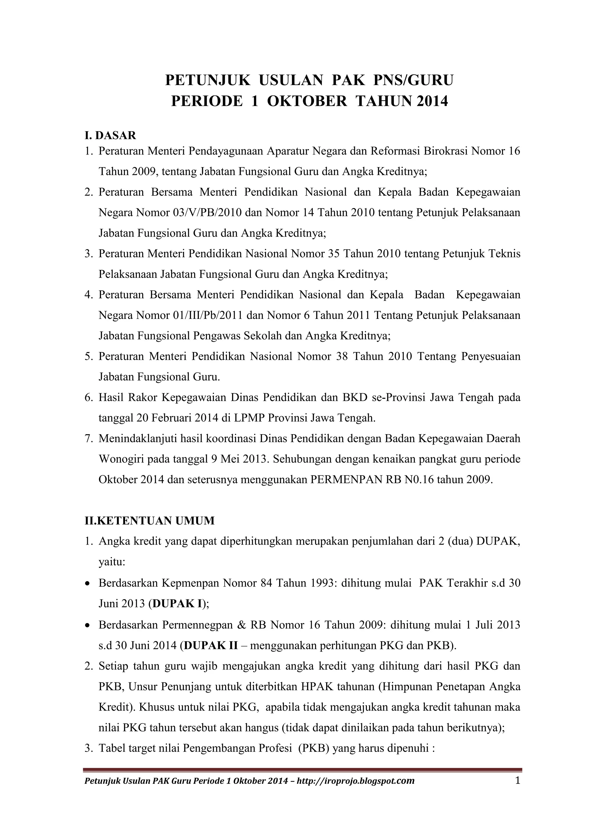 Petunjuk usulan pak guru - 2014 | PDF