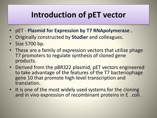 pET vector. Plasmid for Expression by T7 RNA Polymerase. | PPTX ...