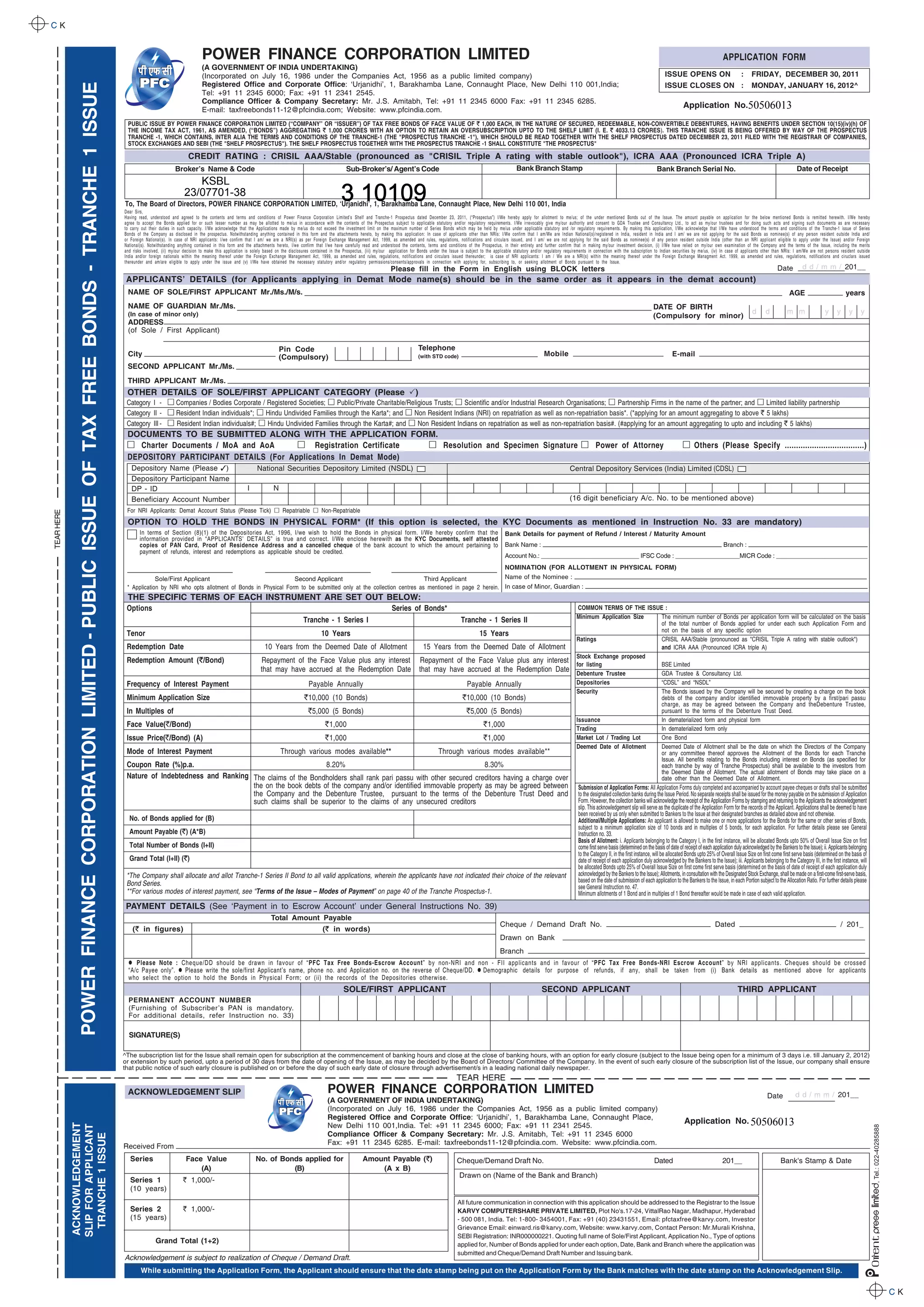 Pfc tax free bonds application form | PDF