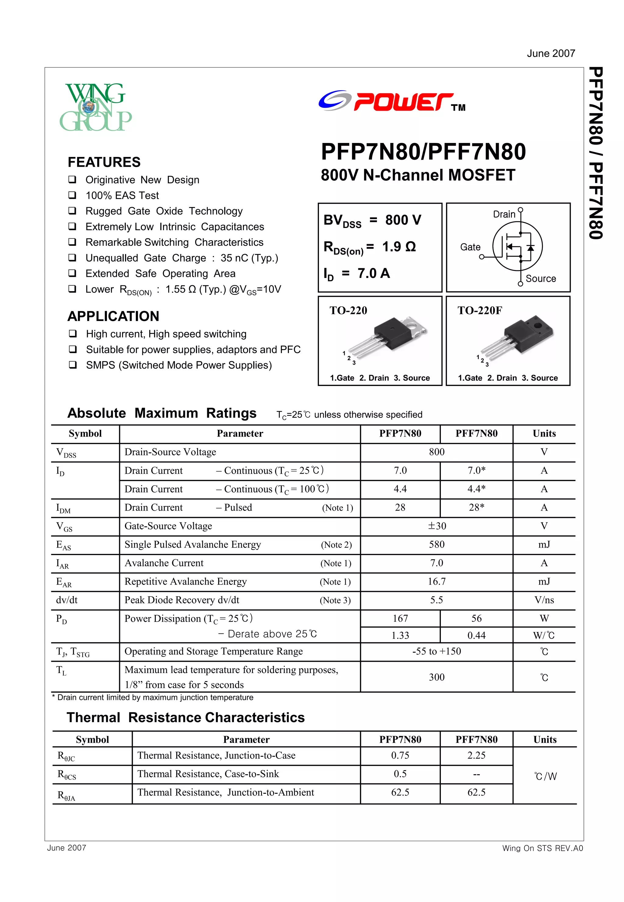 Original N-Channel Mosfet PFF7N80 800V 7A TO-220F New WING ON GROUP | PDF | Physics | Science