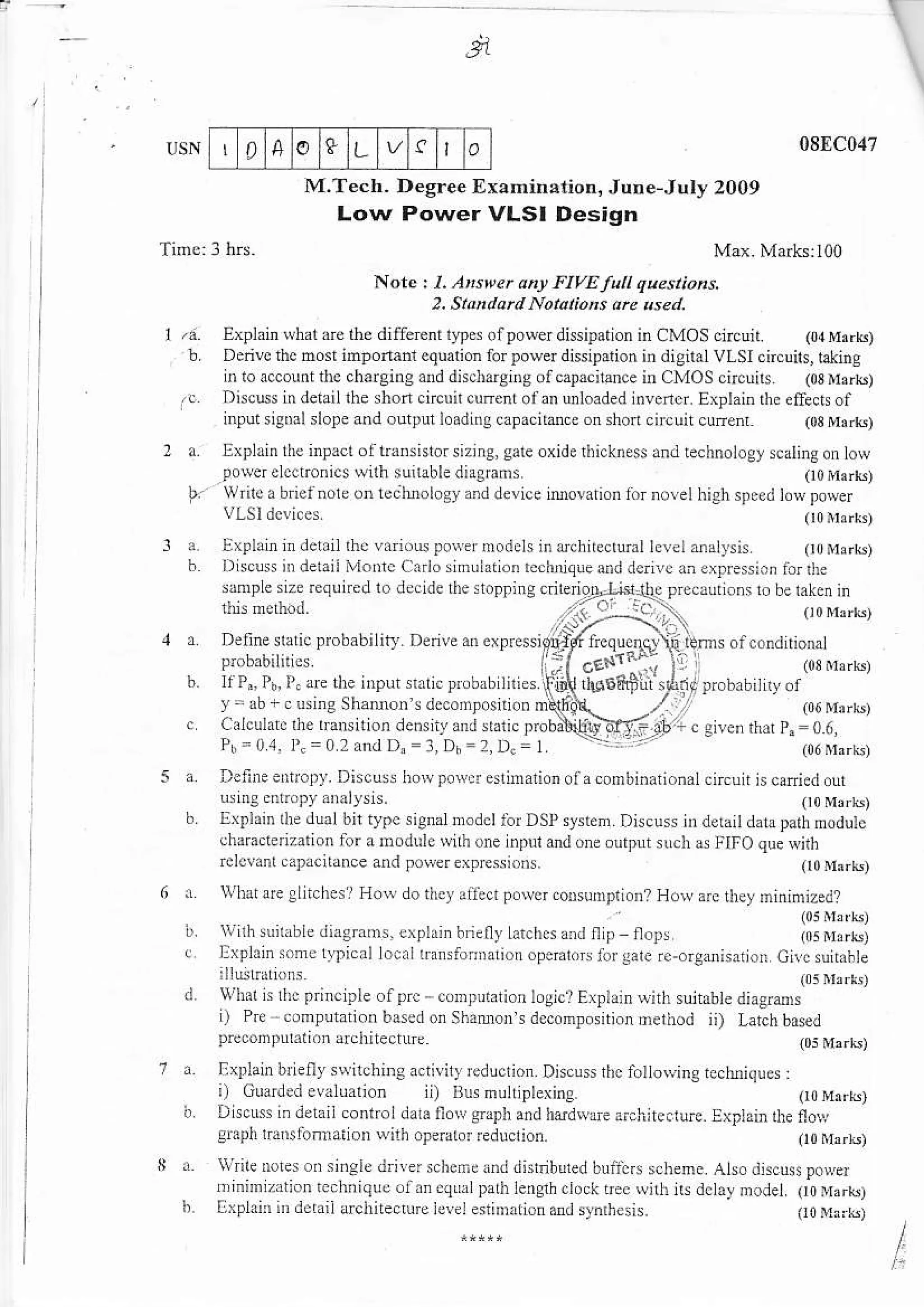 M Tech 2nd Semester (CMOS VLSI) Question papers | PDF