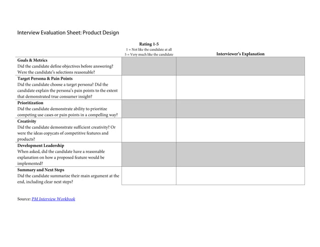 PM Interview Evaluation Sheet: Product Design Question | PPT