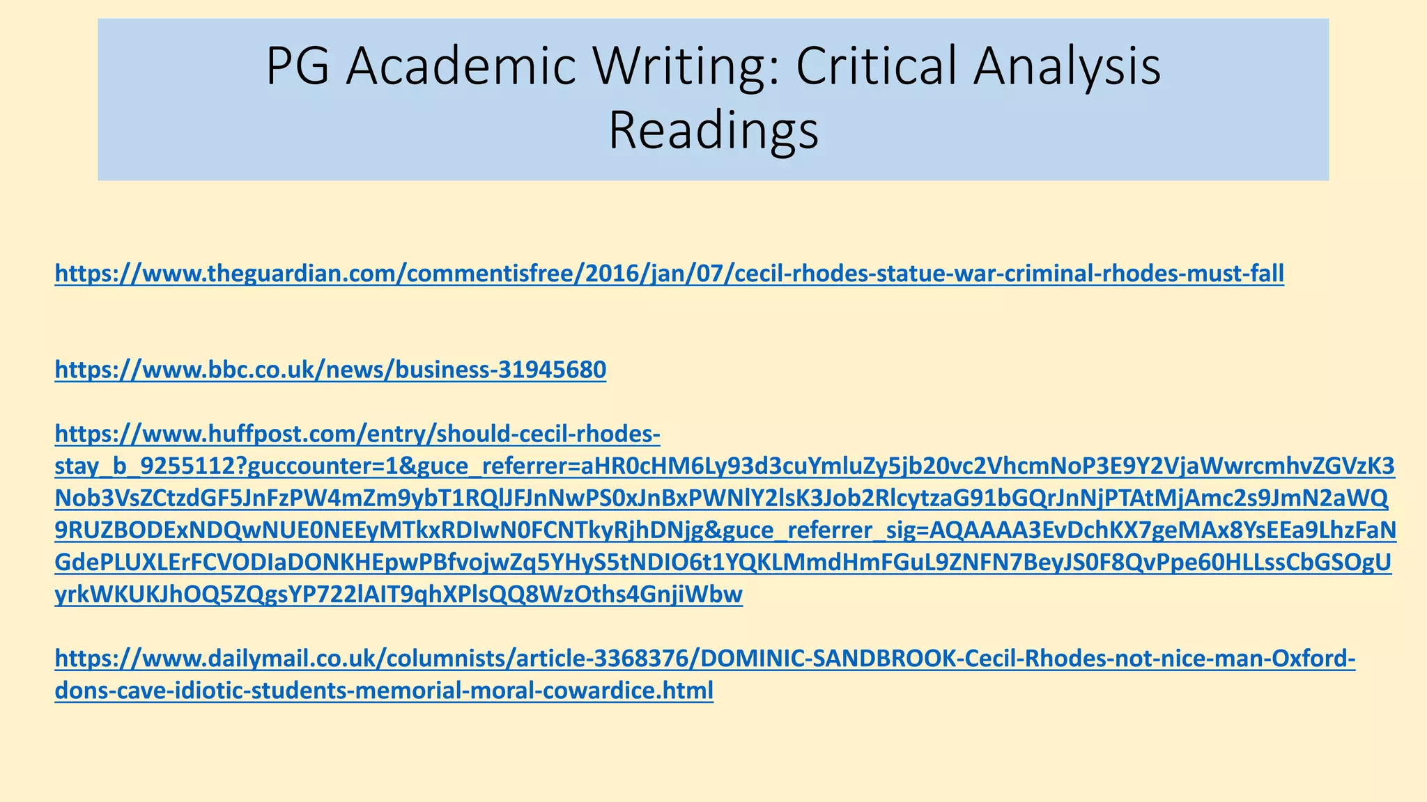 Pg academic writing critical analysis - readings | PPT