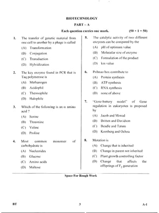 PGCET Biotechnology 2017 question paper | PDF | Biological Sciences ...