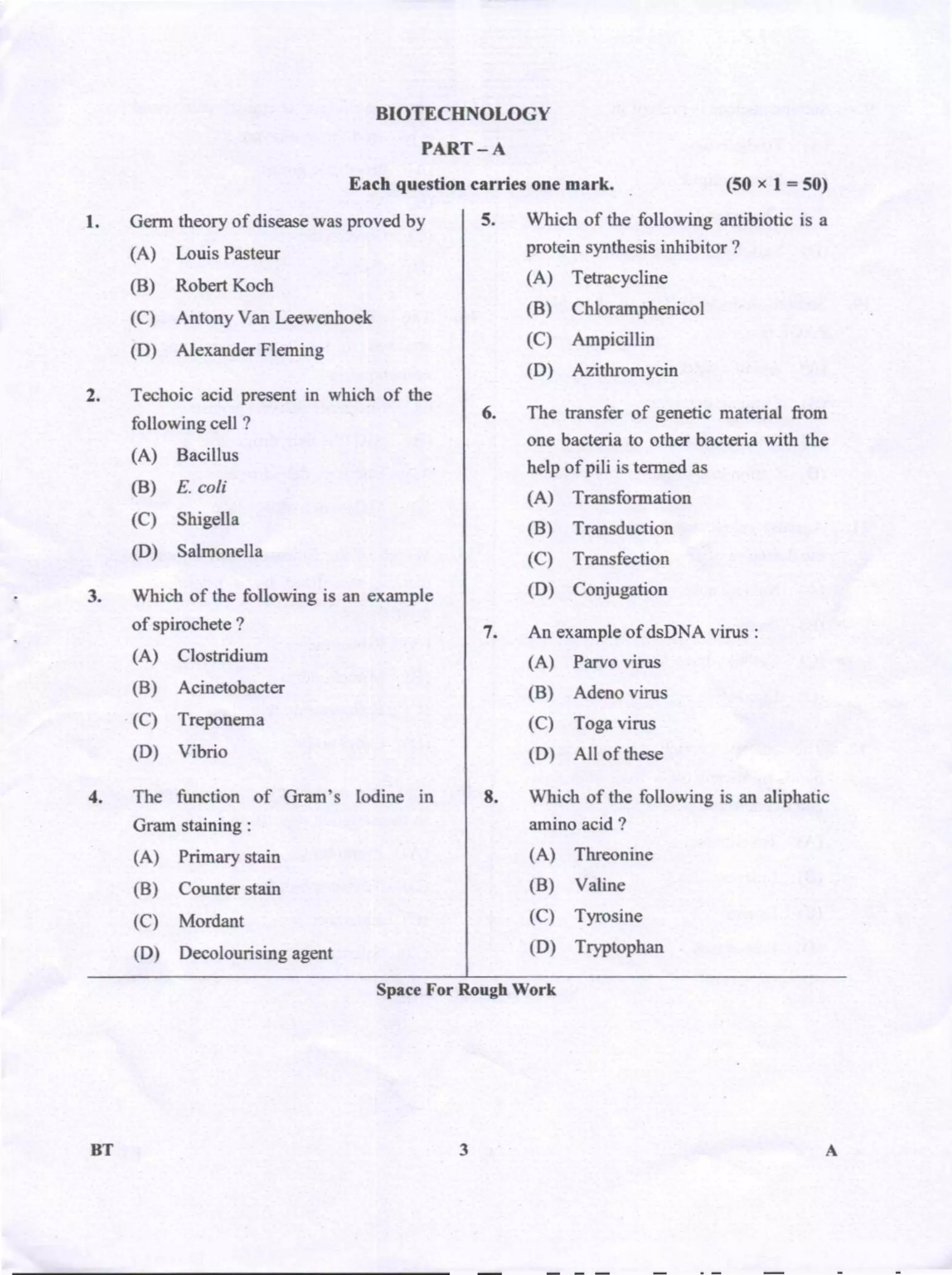 PGCET Biotechnology 2018 question paper | PDF