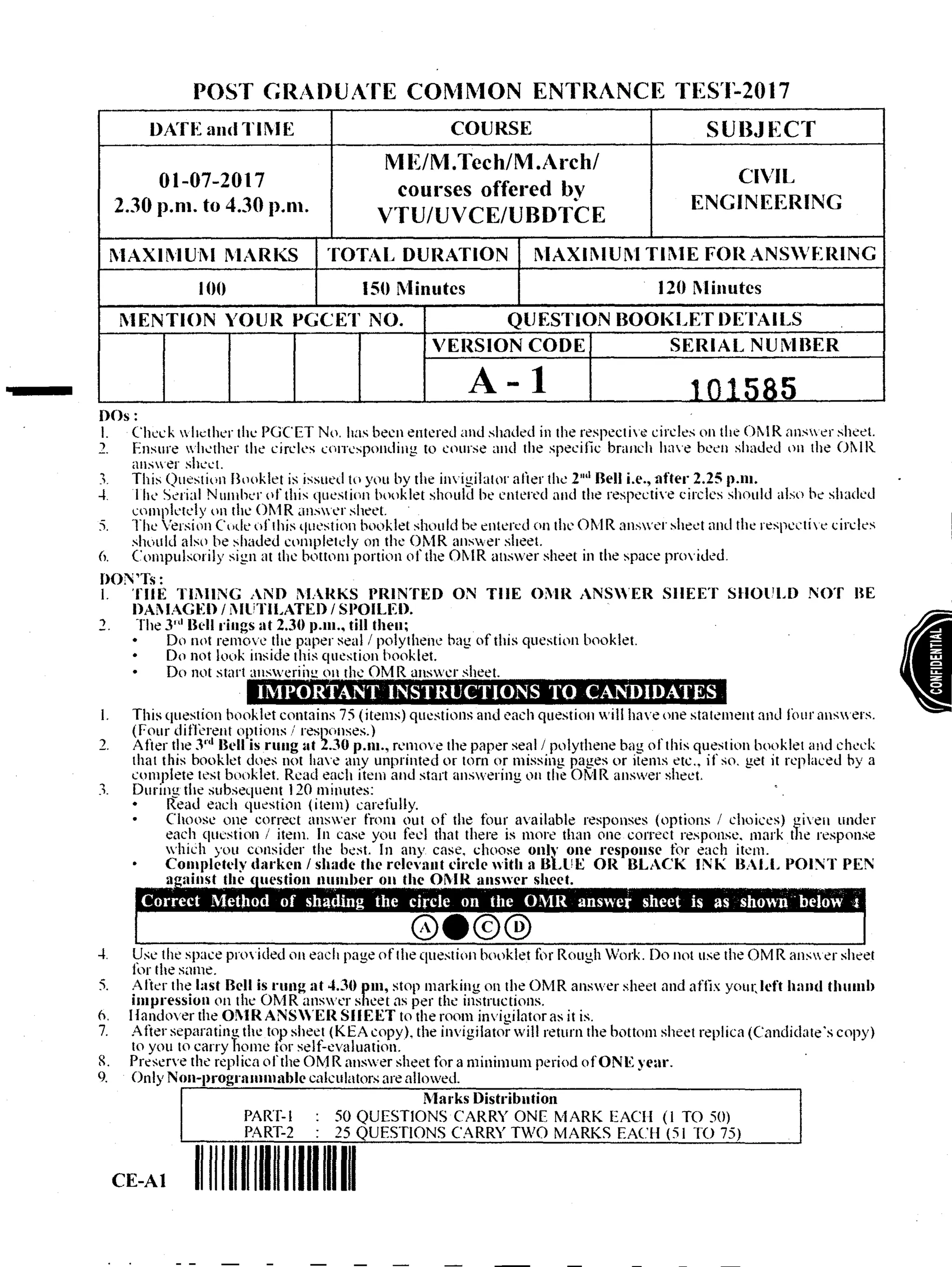 PGCET Civil 2017 question paper | PDF