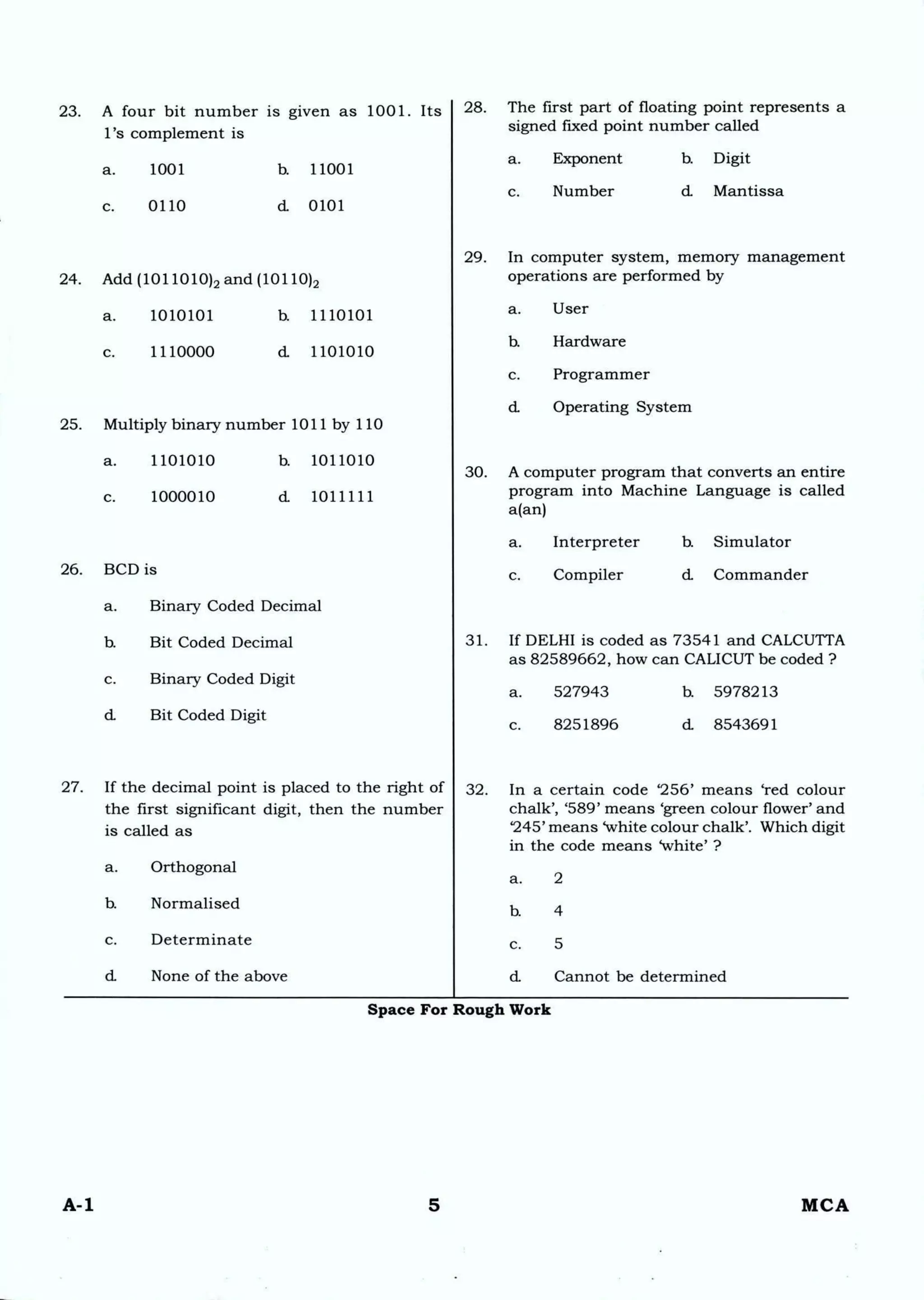 PGCET MCA 2015 Question Paper | PDF | Computing | Technology & Computing
